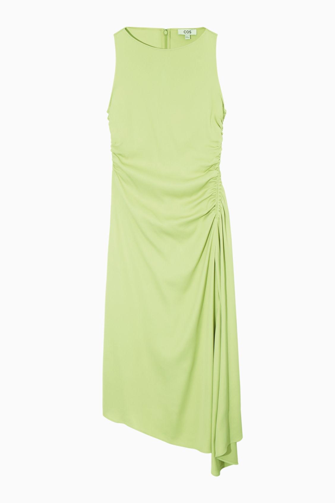 COS Asymmetric Gathered Satin Midi Dress in Green | Lyst