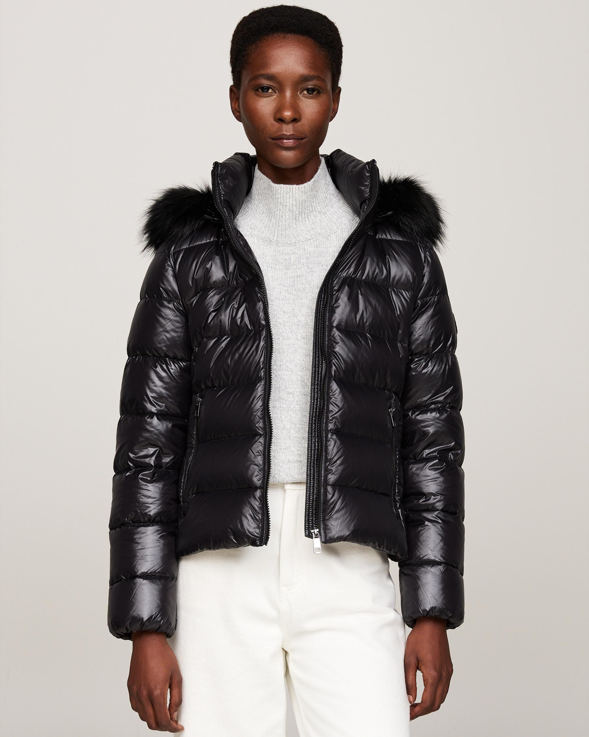 Tommy Hilfiger Tyra Gloss Down Faux Fur Jacket , Size: L in Black | Lyst