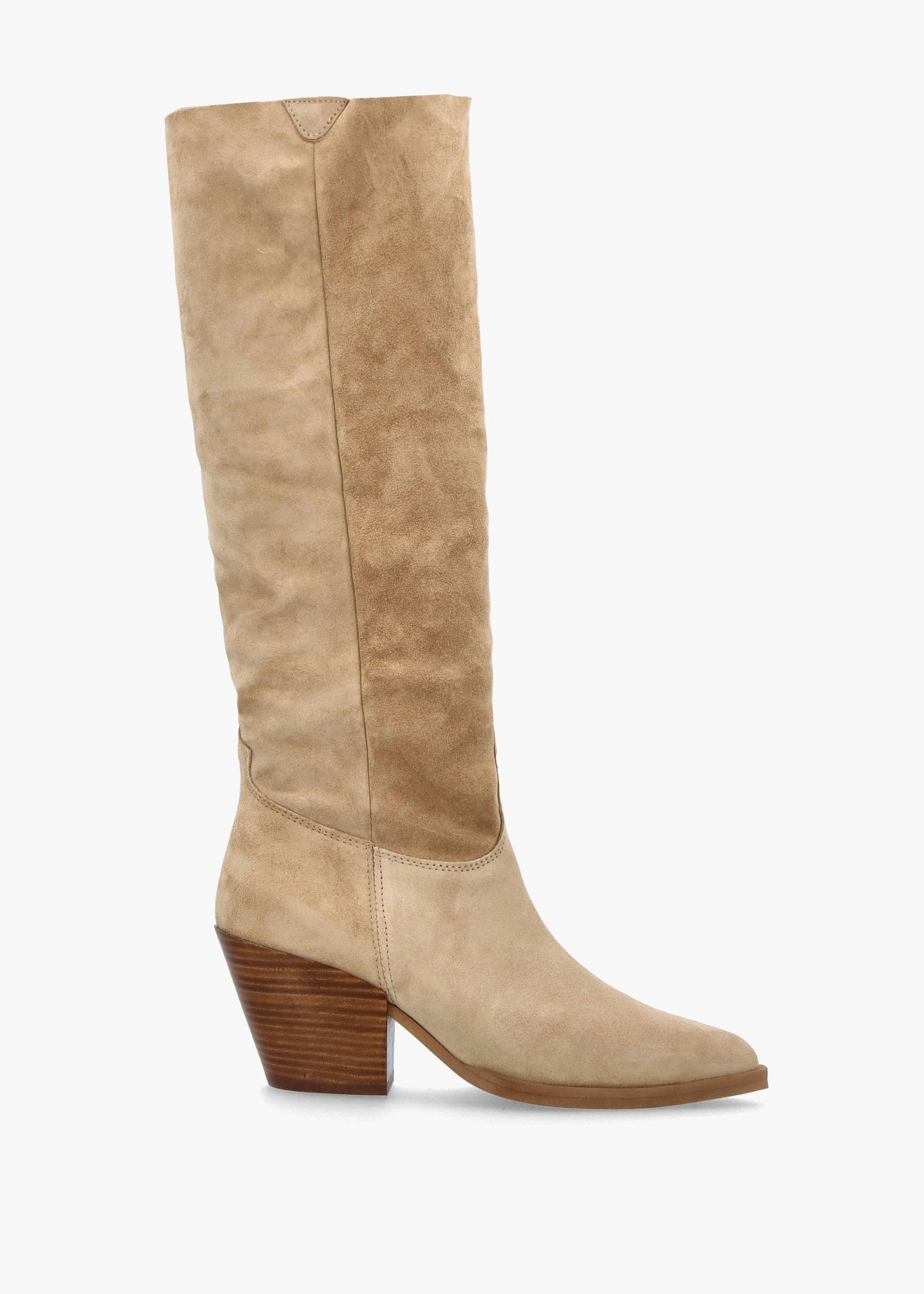 Alpe Bloomfield Beige Suede Stacked Heel Western Knee Boots in White | Lyst