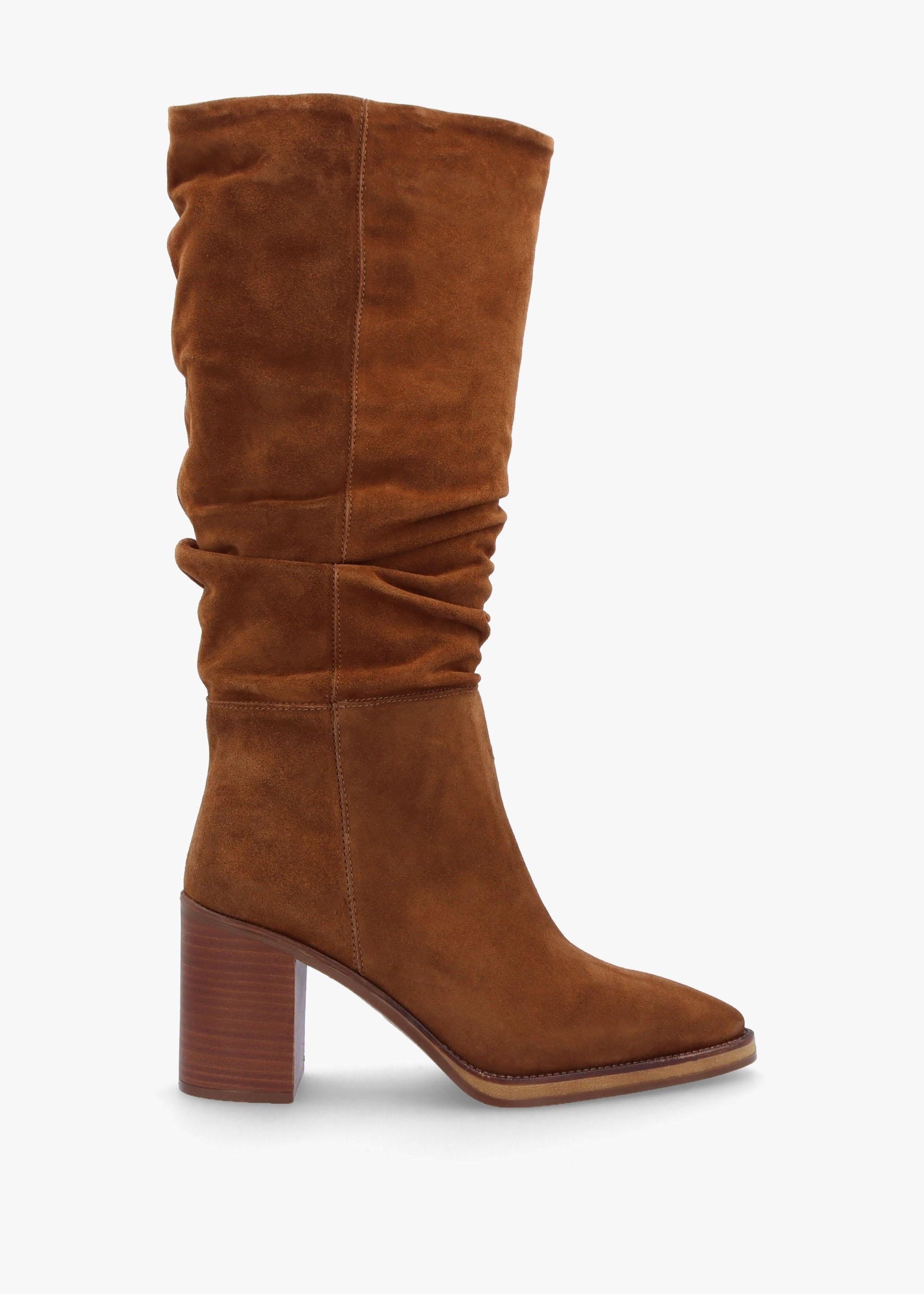 Alpe Astrid Tan Suede Rouched Block Heel Knee Boots in Brown | Lyst