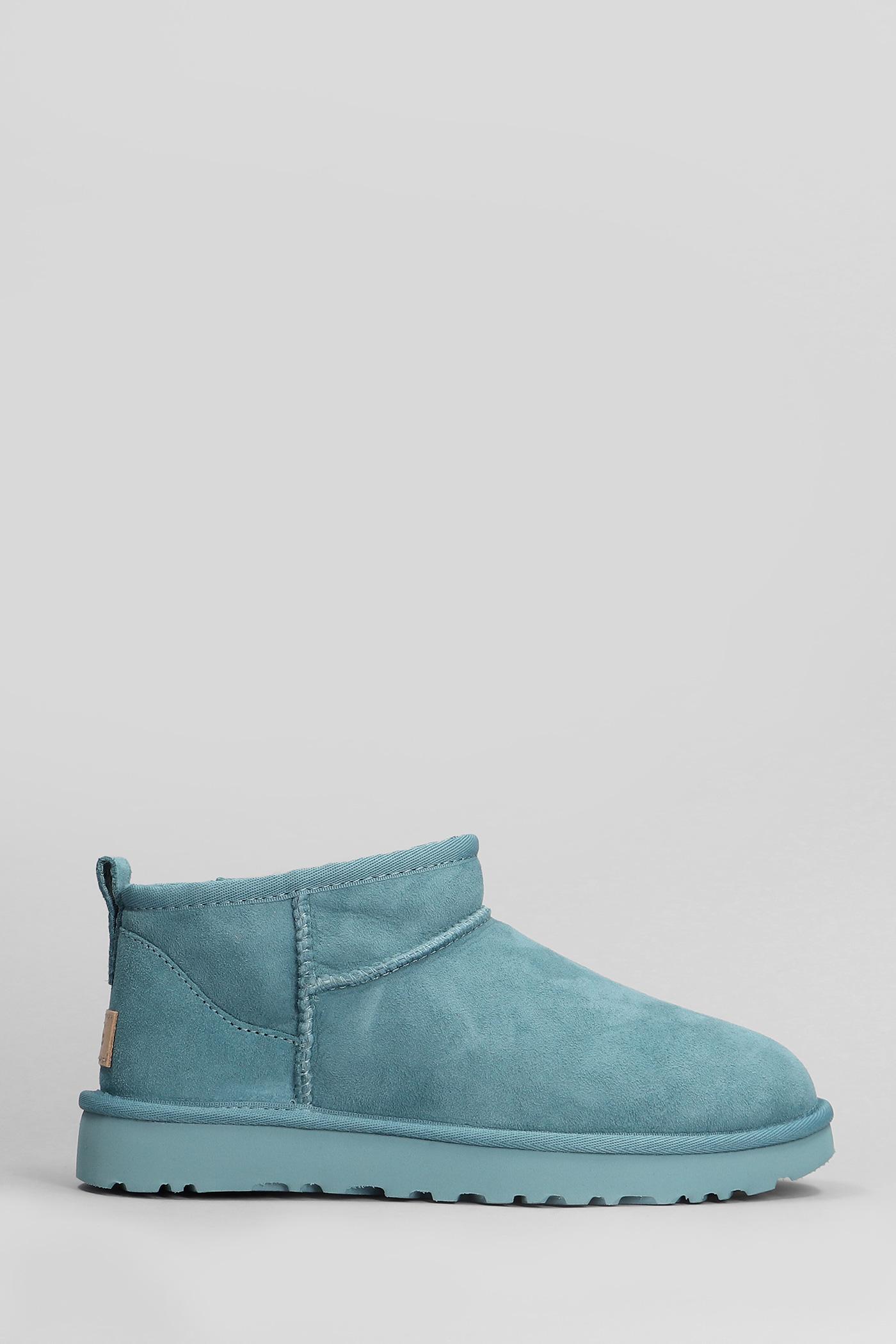 UGG Classic Ultra Mini Low Heels Ankle Boots In Petroleum Suede in Blue ...