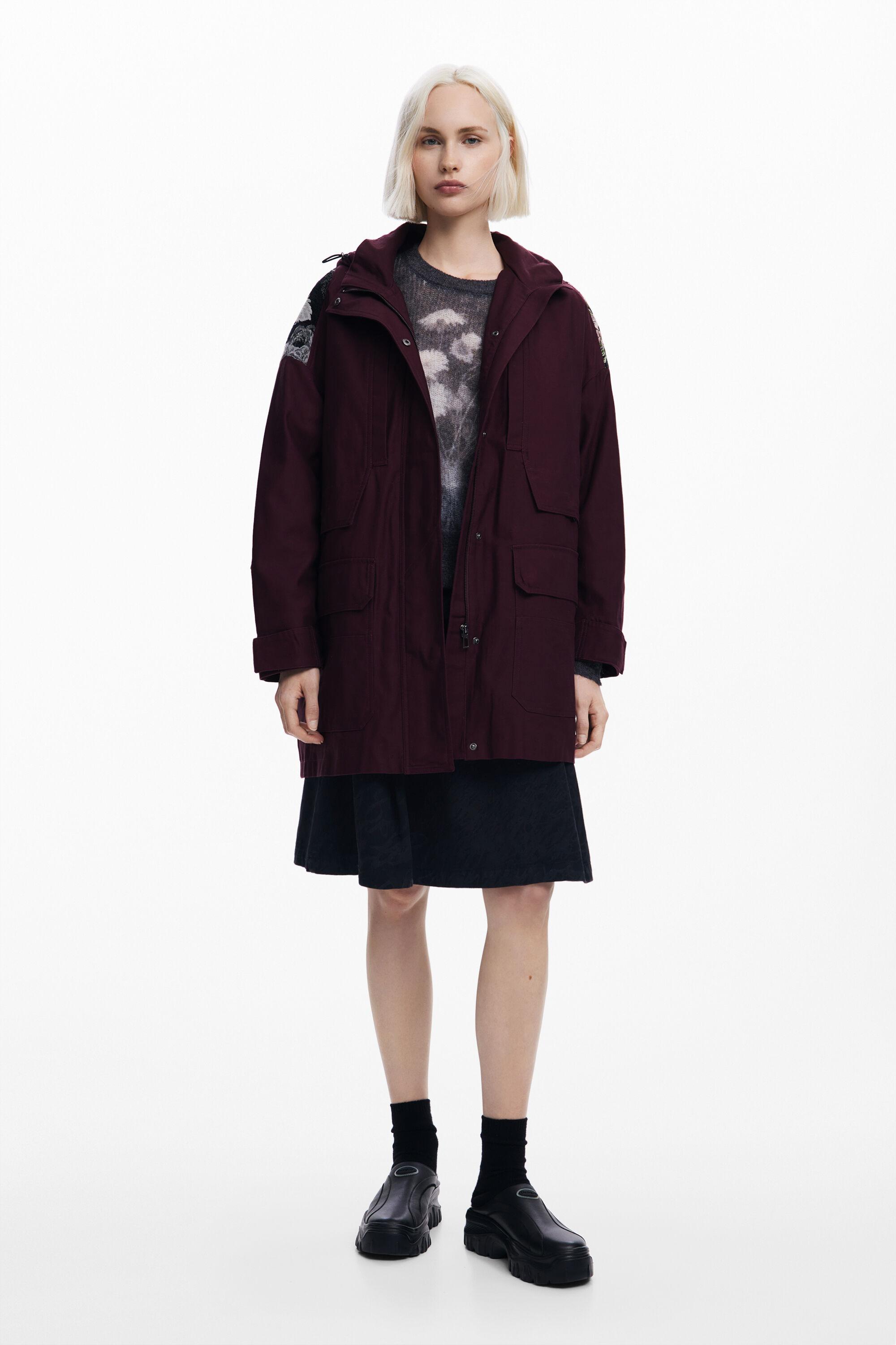 Desigual Floral Patch Hooded Parka in Red | Lyst