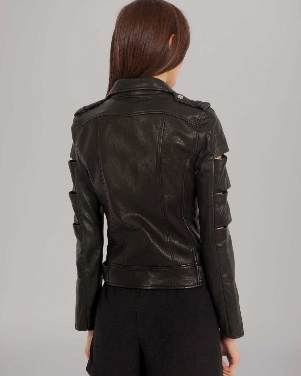 Maje Jacket Slashed Leather Biker in Black - Lyst Maje Jacket Slashed Leather Biker in Black - Lyst