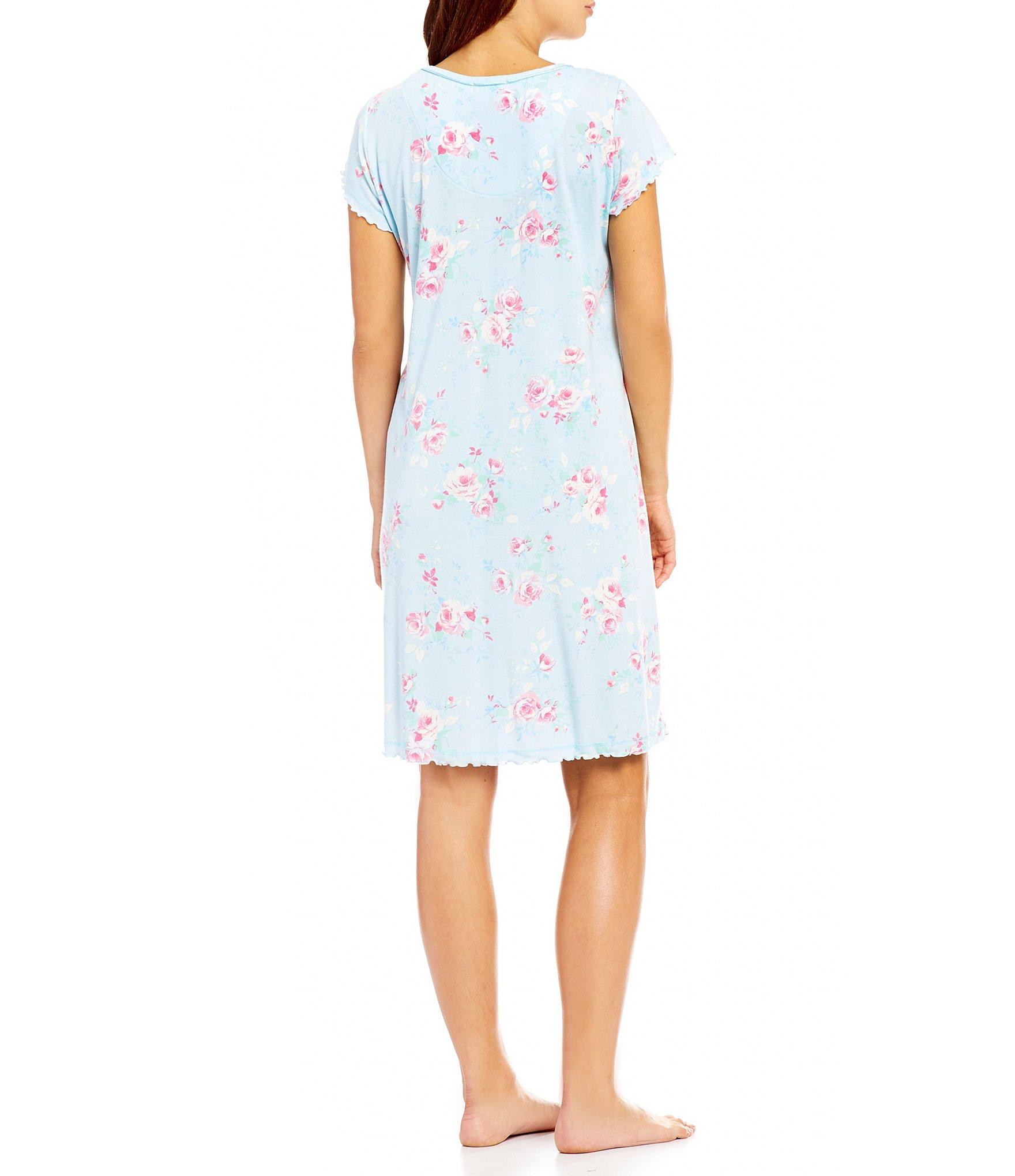 Miss Elaine Cotton Ruffled Floral Nightgown In Blue Lyst