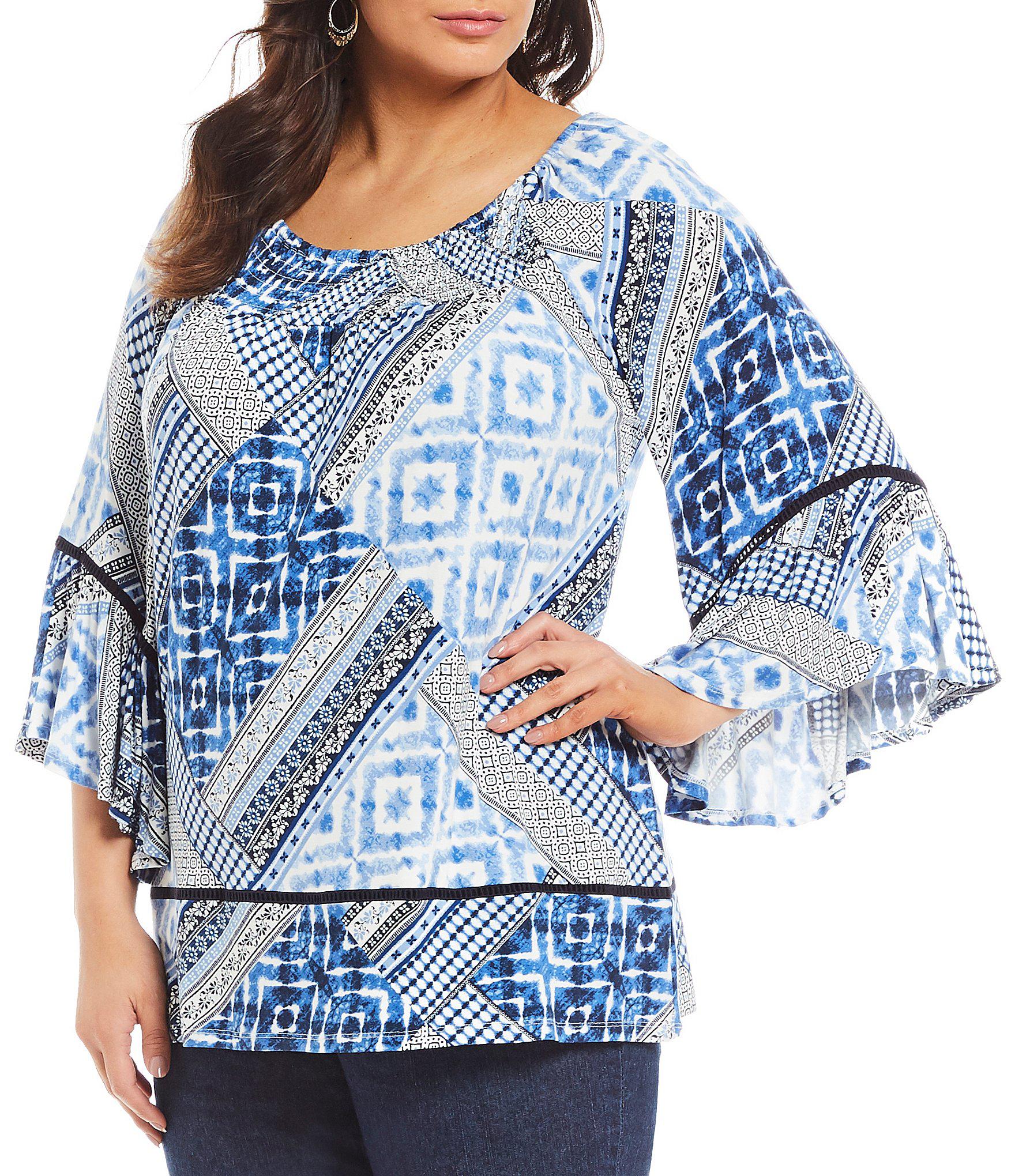 Ruby Rd Plus Size 3 4 Flounce Sleeve Block Patchwork Print Knit Top In