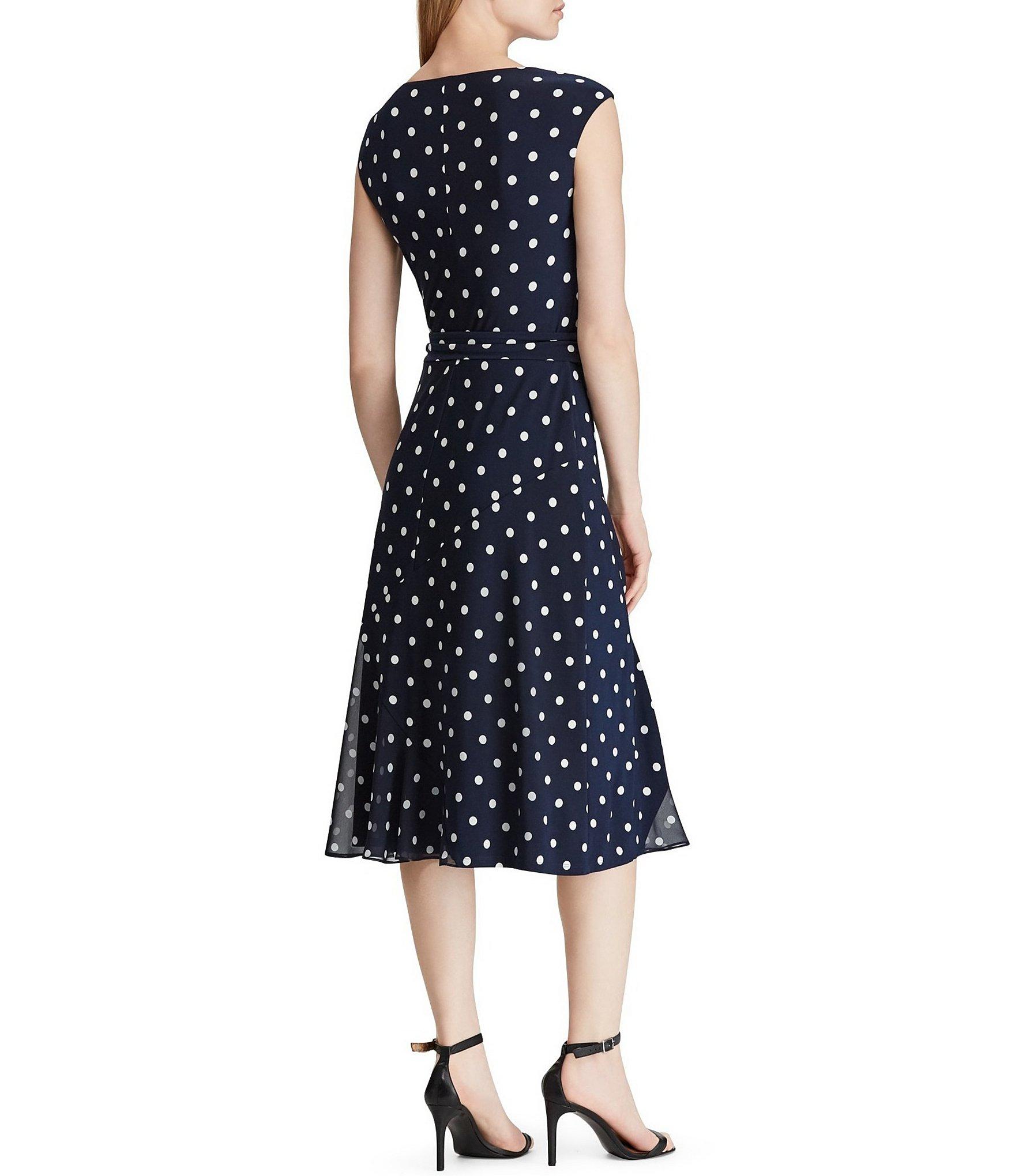 Ralph Lauren Lauren Faux Wrap Polka Dot Dress In Blue Lyst