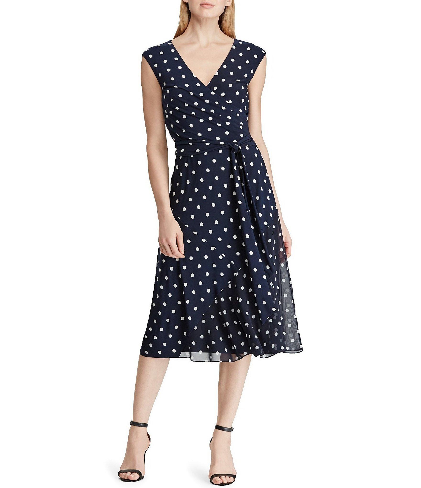 Ralph Lauren Lauren Faux Wrap Polka Dot Dress In Blue Lyst