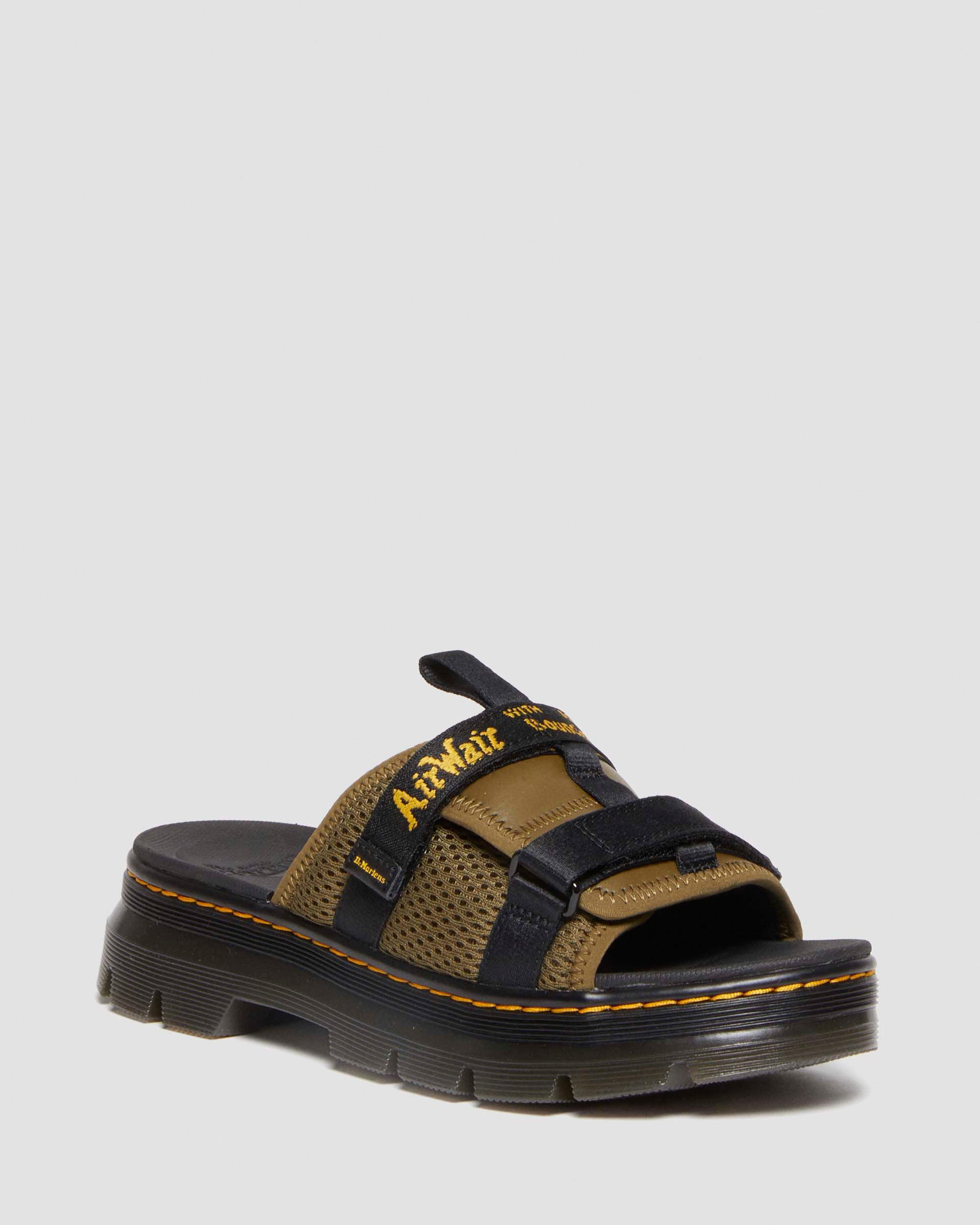Dr. Martens Ayce Logo Milled Leather Strap Platform Slides Olive in ...