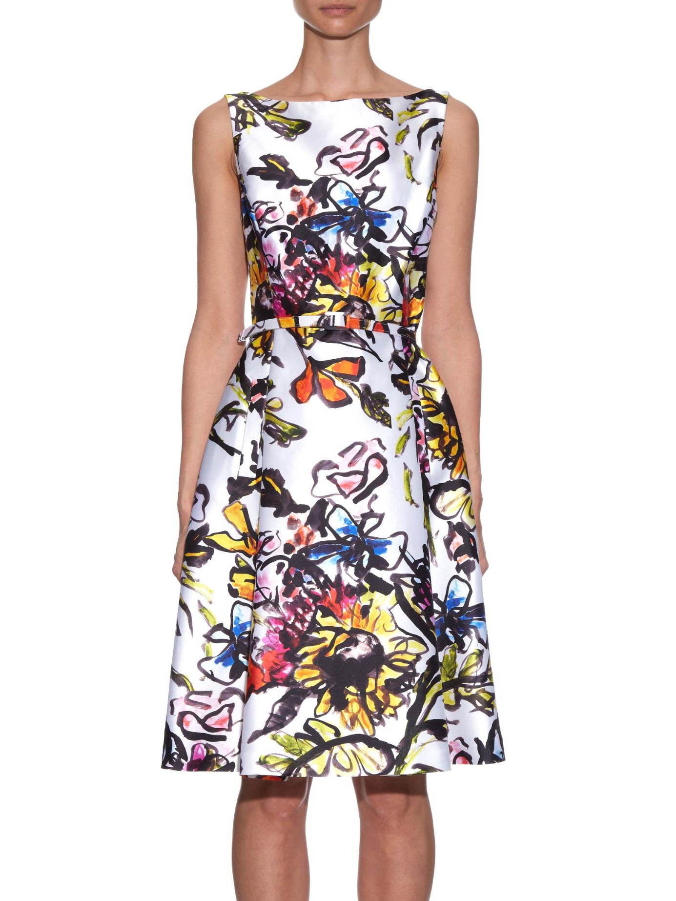 Oscar De La Renta Floral Print Silk Blend Mikado Dress In Blue Lyst