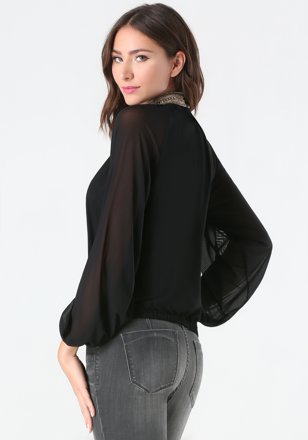 Bebe Chain Neck Mesh Sleeve Top In Black Lyst