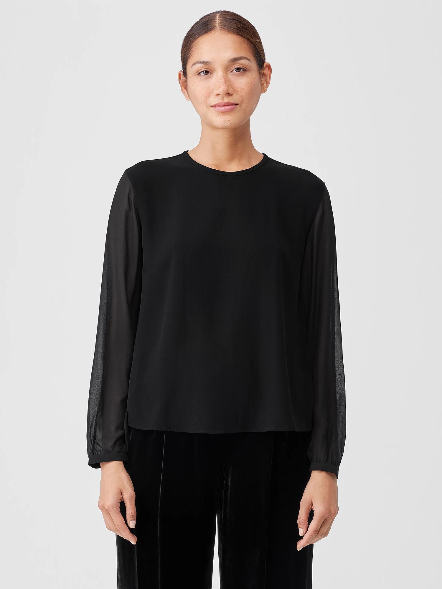 Eileen Fisher Silk Georgette Crepe Top With Sheer Sleeves in Black | Lyst Eileen Fisher Silk Georgette Crepe Top With Sheer Sleeves in Black | Lyst