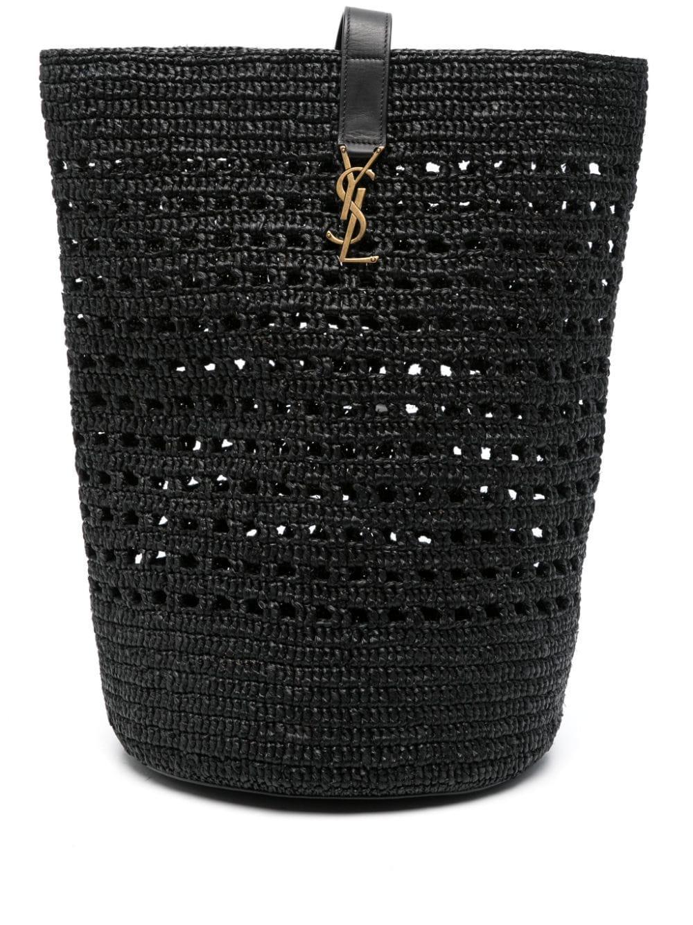 Saint Laurent Woven Raffia Bucket Bag in Black | Lyst
