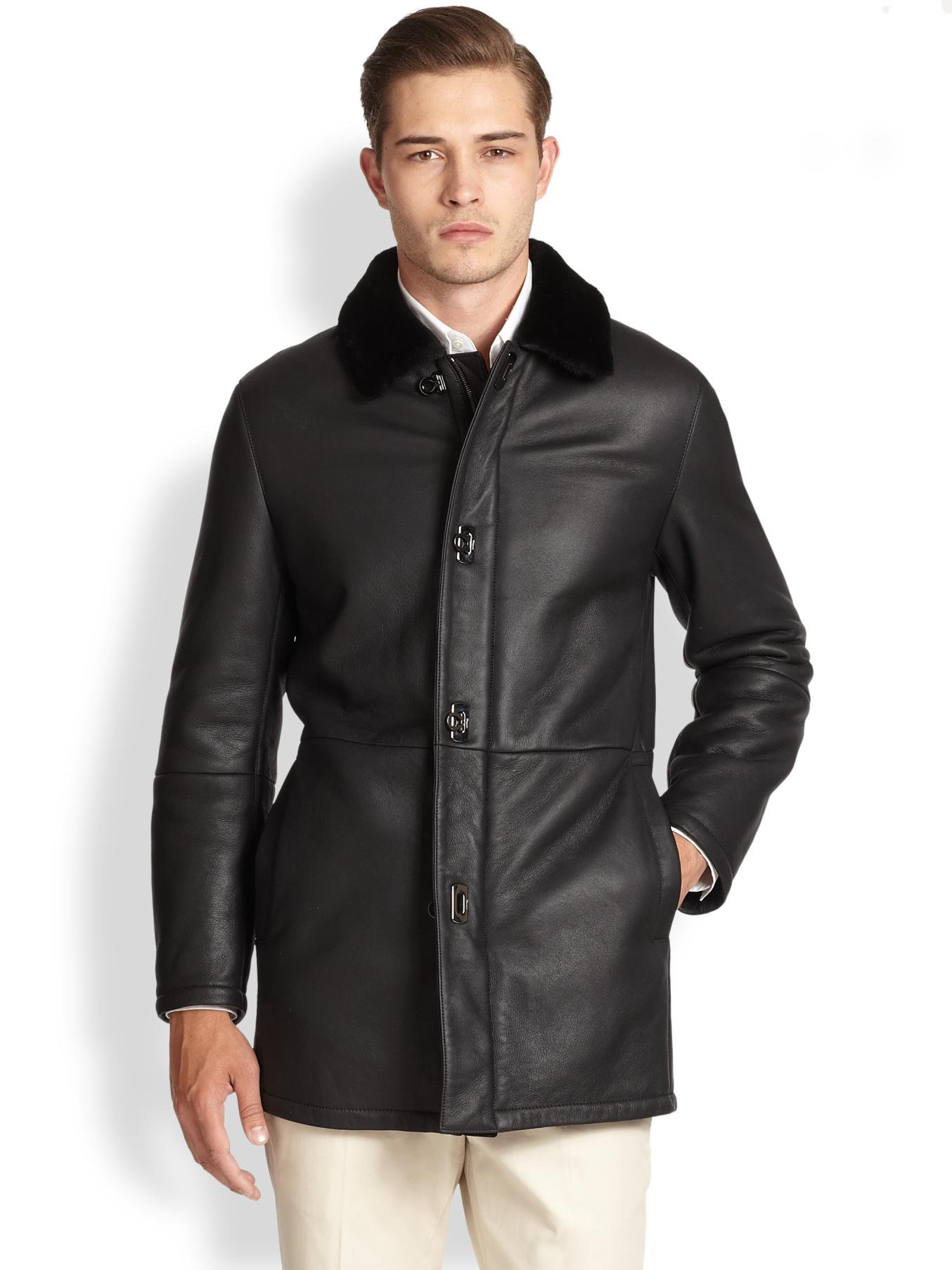 Ferragamo Leather & Lamb Shearling Coat in Black for Men | Lyst