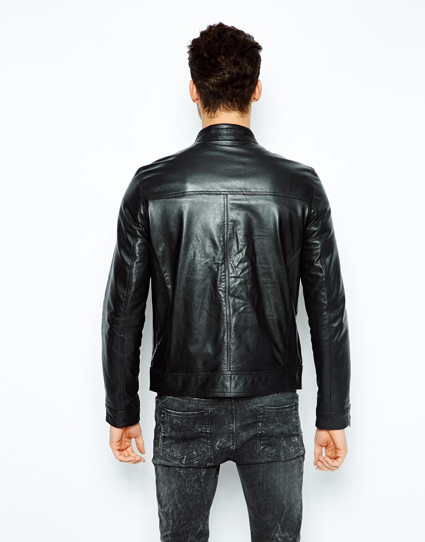 ASOS Leather Biker Jacket With Racing Stripe in Black for Men - Lyst
