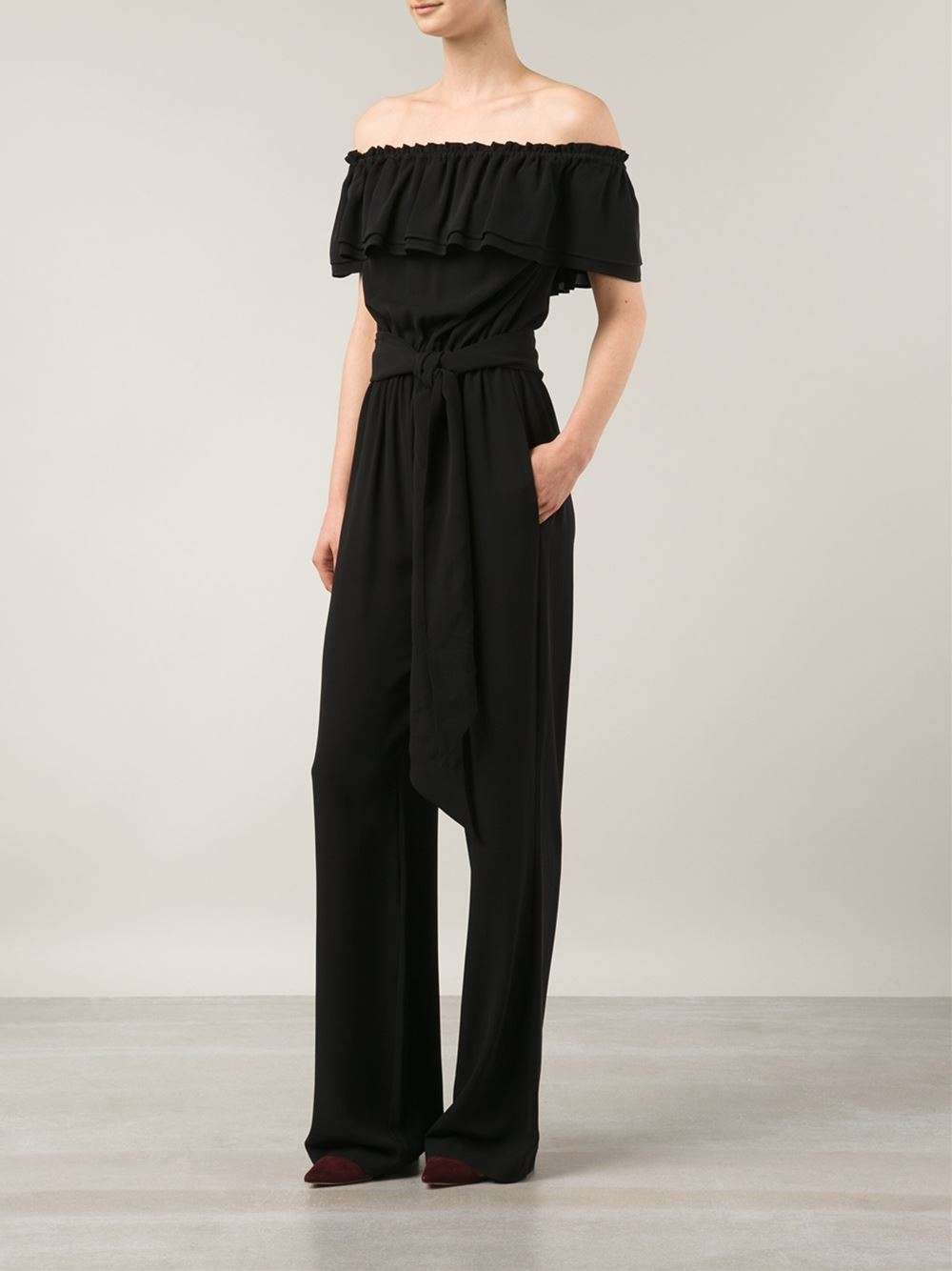 Lyst Michael Kors Off Shoulder Ruffle Jumpsuit In Black