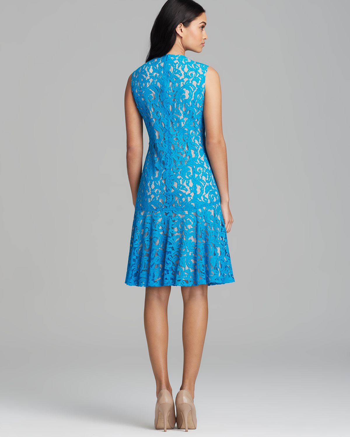 Anne Klein Dress Sleeveless Round Neck Aline Lace Swing In Turquoise
