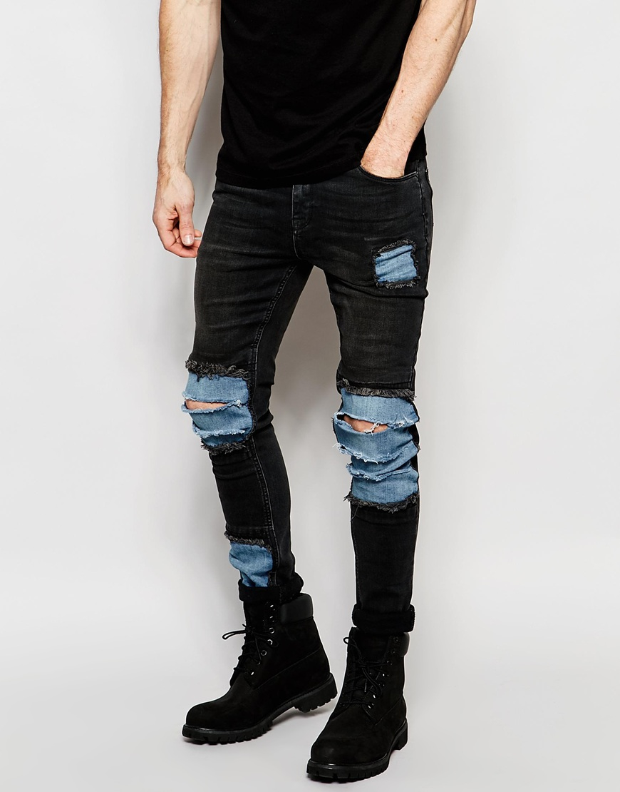 ASOS Denim Super Skinny Jeans With Mega Rip And Repair In Washed Black ASOS Denim Super Skinny Jeans With Mega Rip And Repair In Washed Black