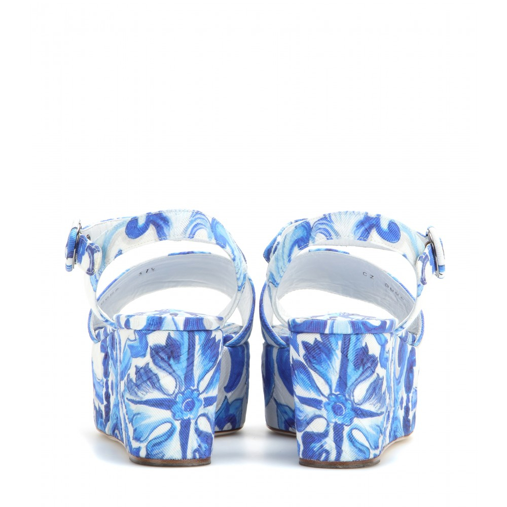 Dolce And Gabbana Printed Brocade Wedge Sandals In Blue Lyst