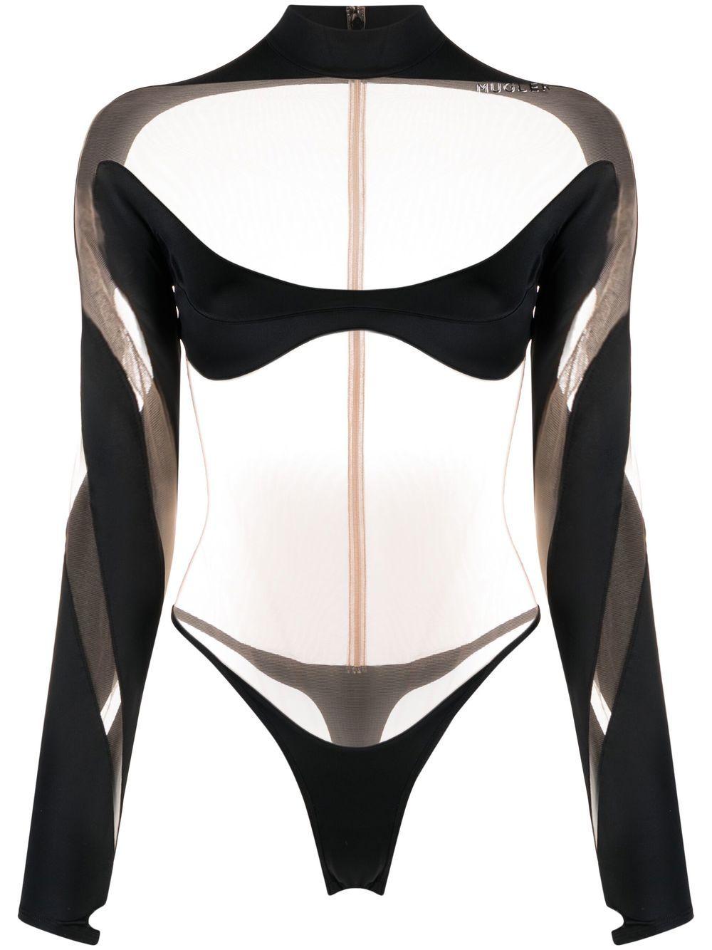 Mugler Illusion High Neck Sheer Bodysuit In Black Lyst