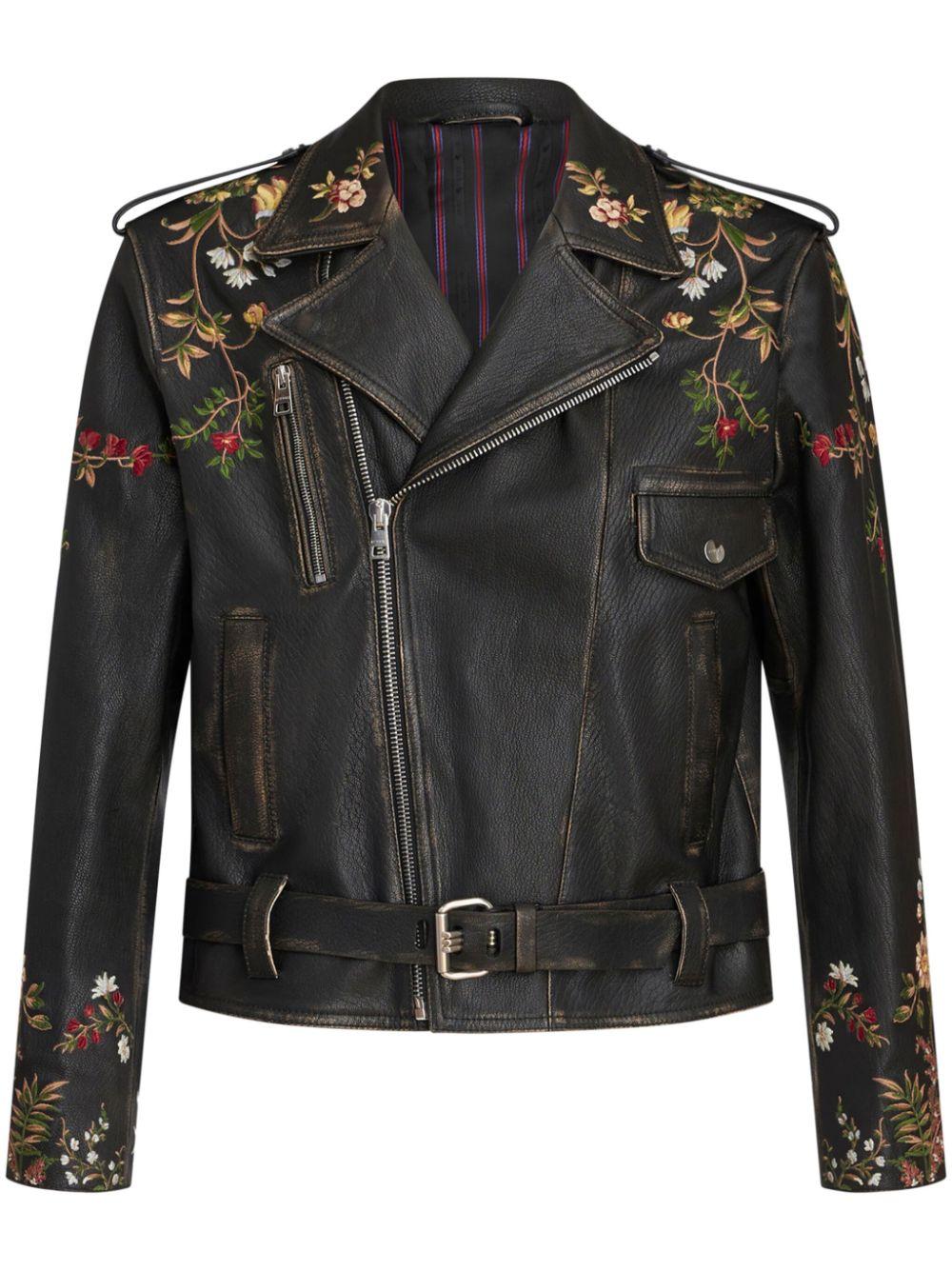 Etro Floral-Embroidery Leather Biker Jacket in Black for Men | Lyst