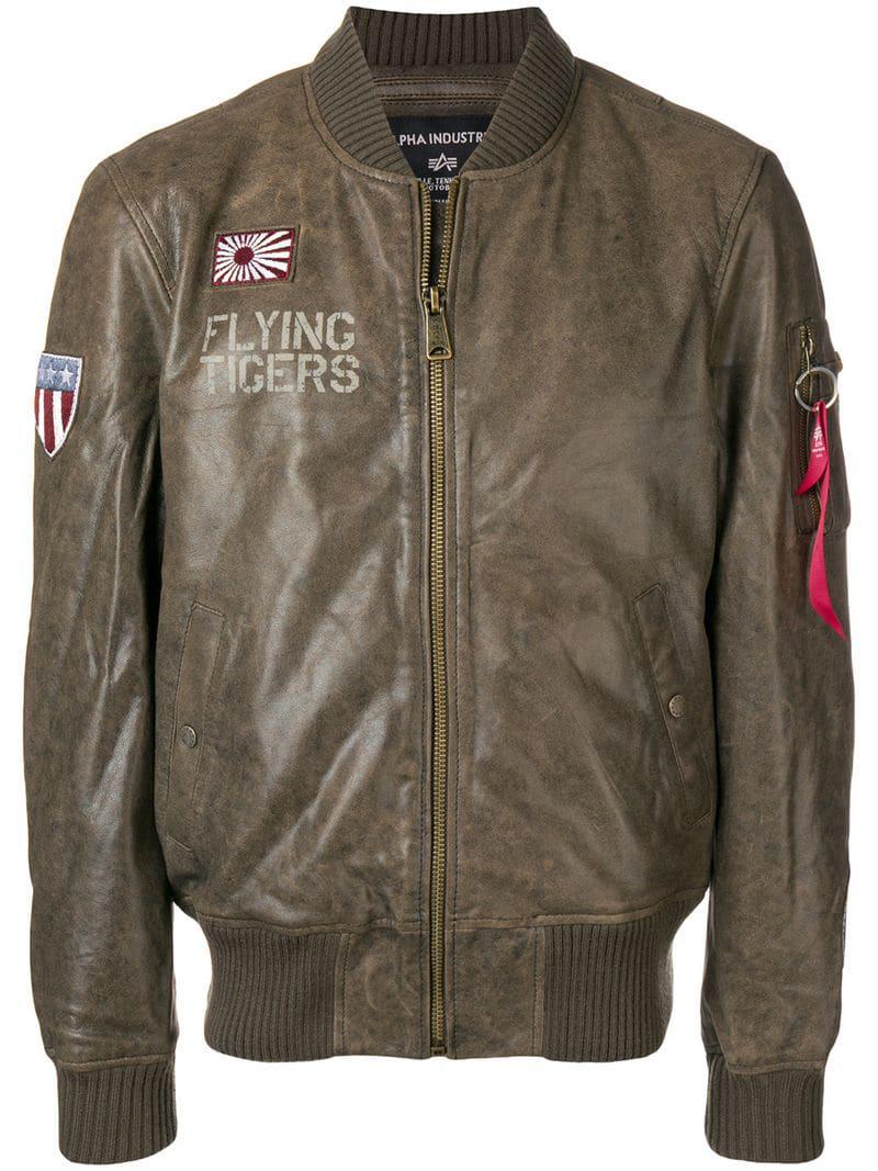 Alpha Industries Leather Flying Tiger Bomber Jacket in Brown for Men ...
