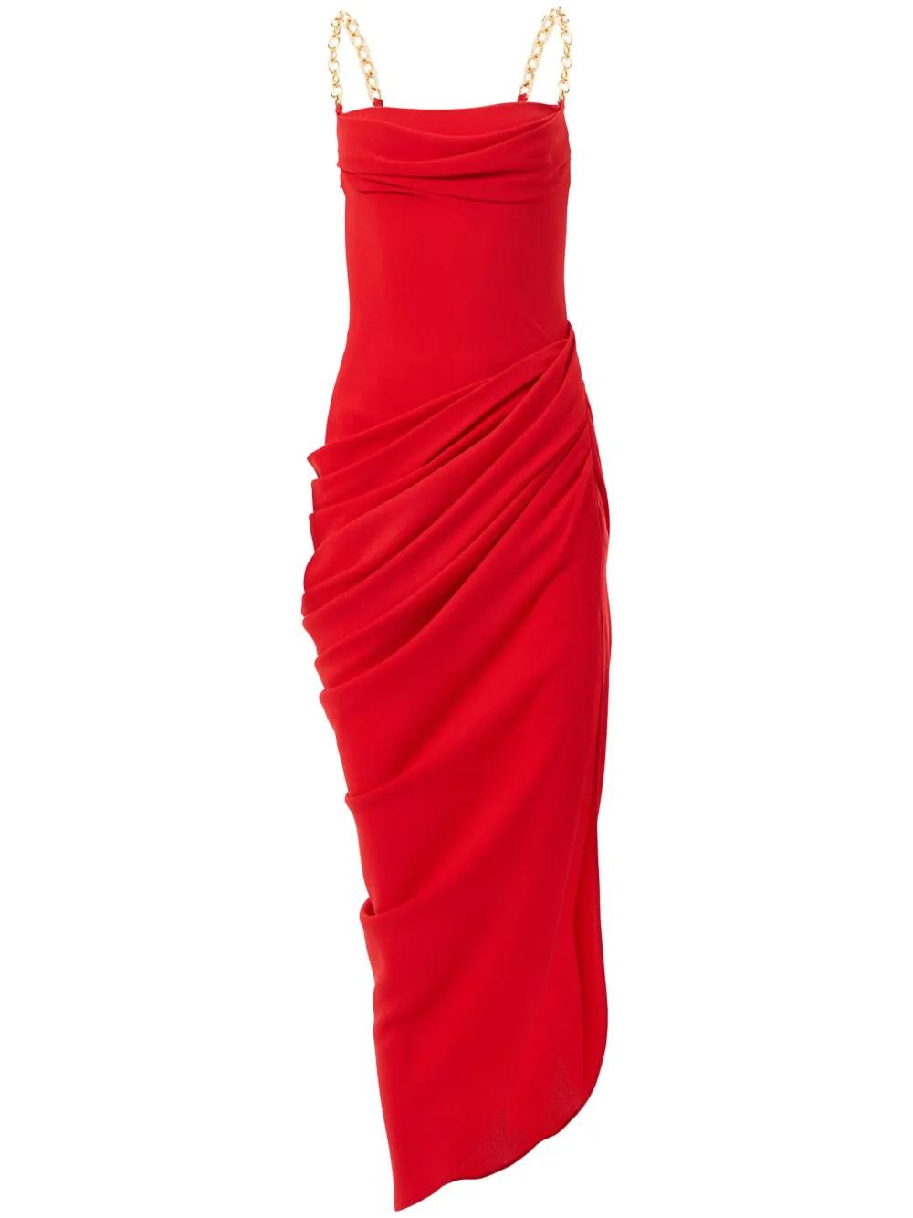 Carolina Herrera Chain-Strap Draped Midi Dress in Red | Lyst