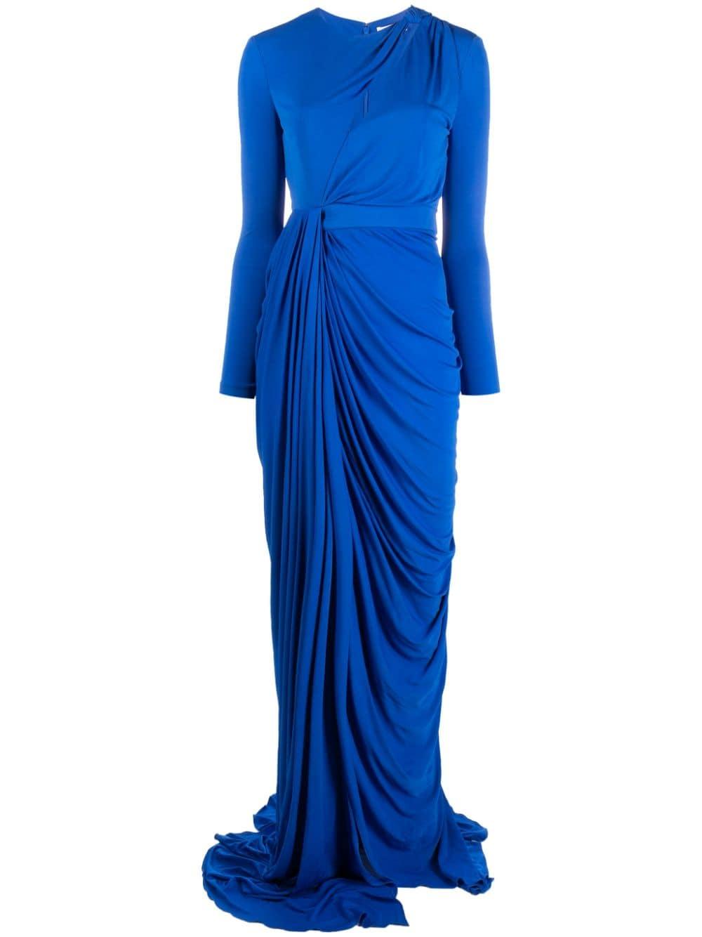 Alexander McQueen Cascading Pleats Long-sleeve Gown in Blue | Lyst