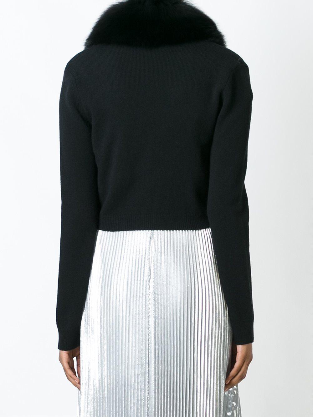 Alice + Olivia Fur Collar Cropped Cardigan in Black - Lyst