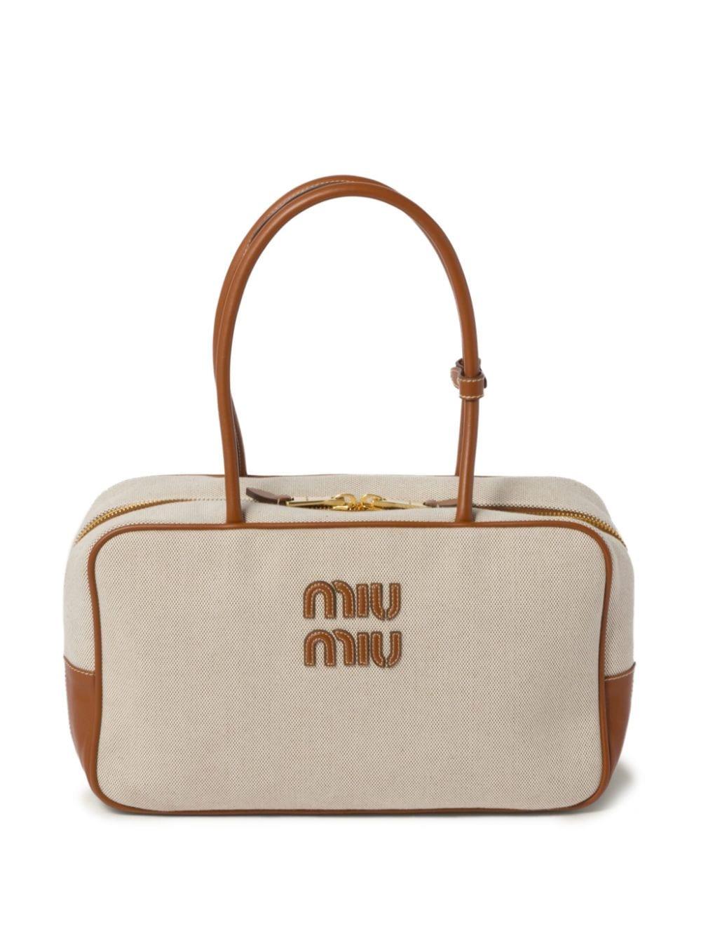Miu Miu Leather-Trim Canvas Tote Bag in Natural | Lyst