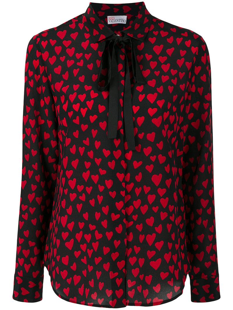 Red And White Heart Print Blouse Adorable Retro Heart Print Long