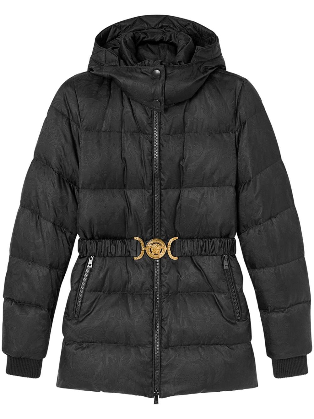 Versace Barocco-Print Belted Puffer Jacket in Black | Lyst