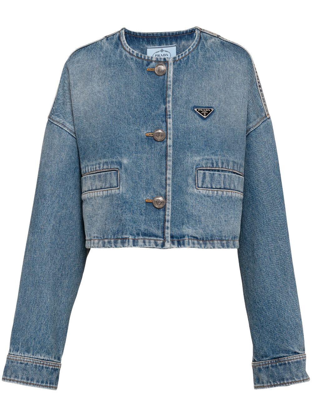 Prada Denim Collarless Jacket in Blue | Lyst UK