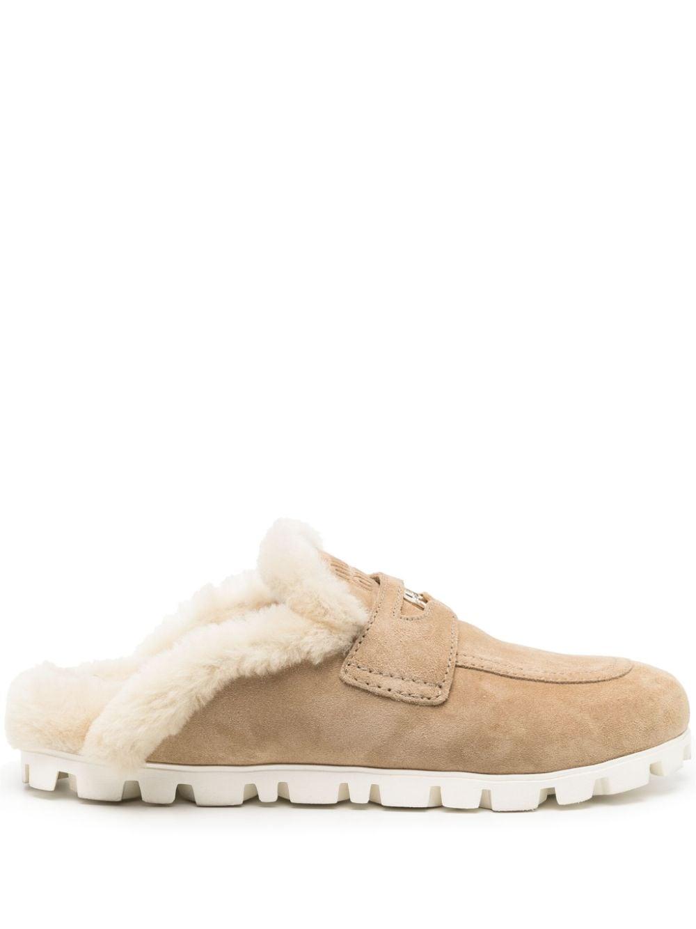 Miu Miu Shearling Suede Mules in Natural | Lyst
