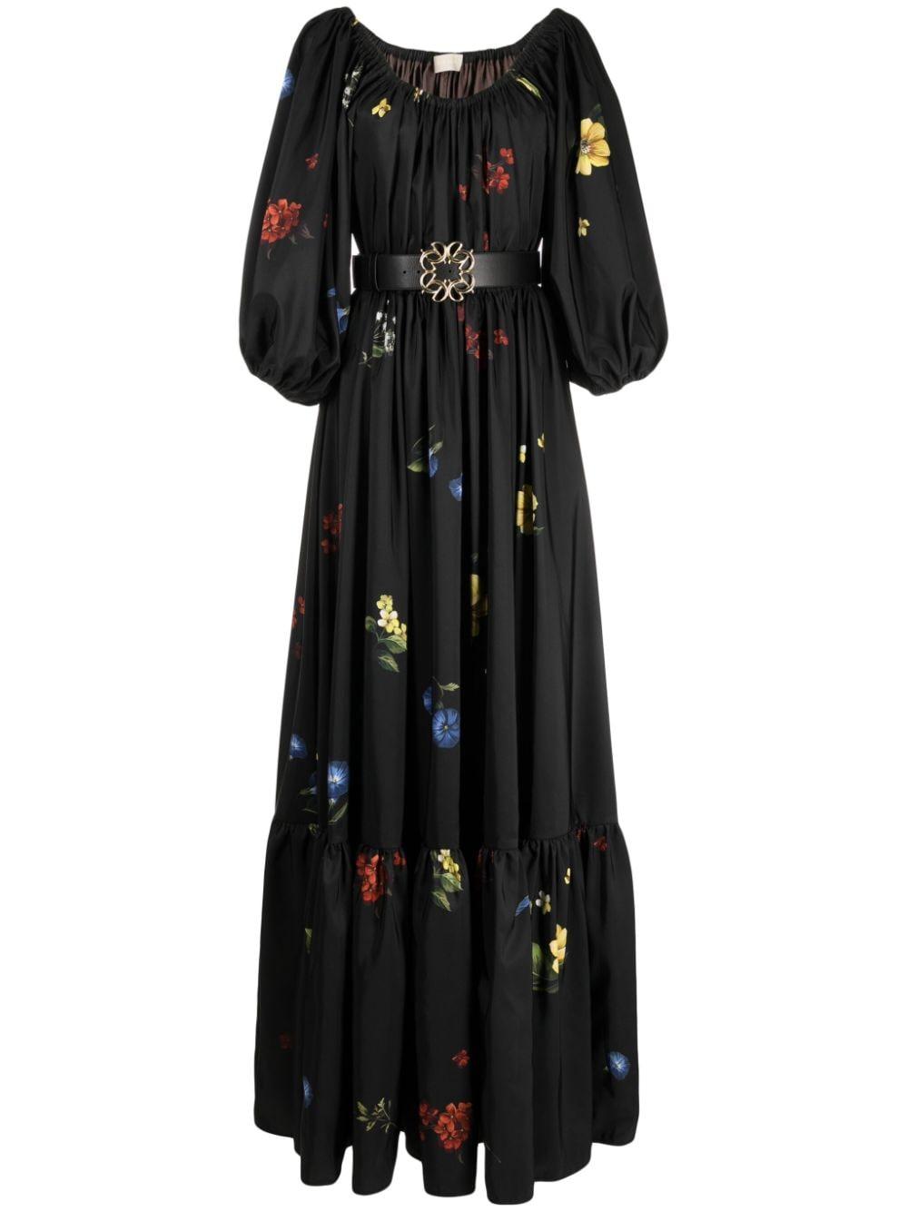 Elie Saab Floral-print Satin Maxi Dress in Black | Lyst