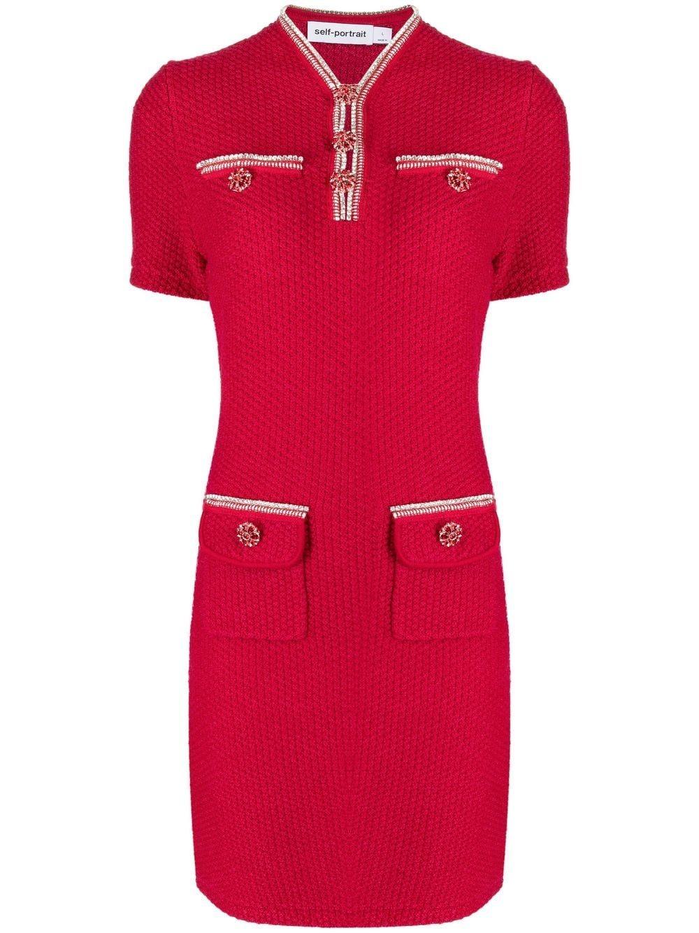 Self-Portrait Crystal-embellished Bouclé Dress in Red | Lyst