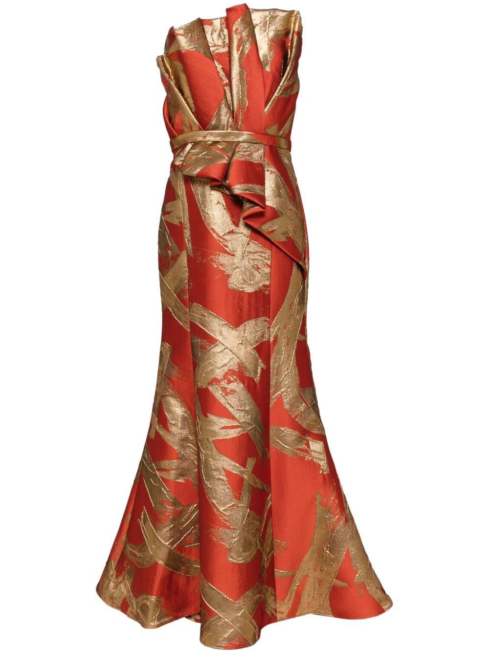 Amsale Pleated Jacquard Gown in Red | Lyst