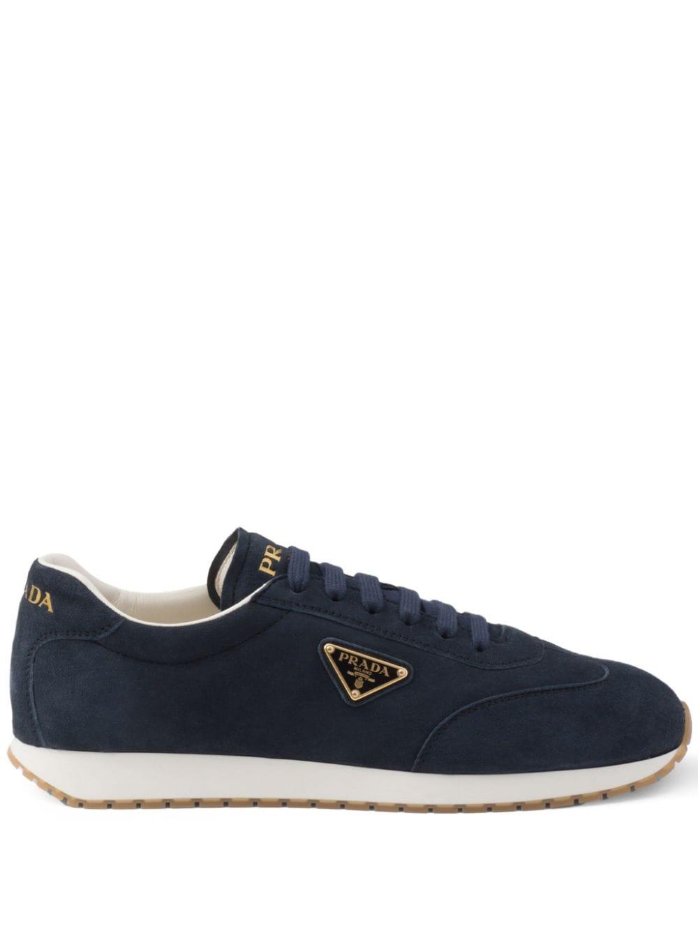 Prada Suede Logo-Plaque Sneakers in Blue for Men | Lyst