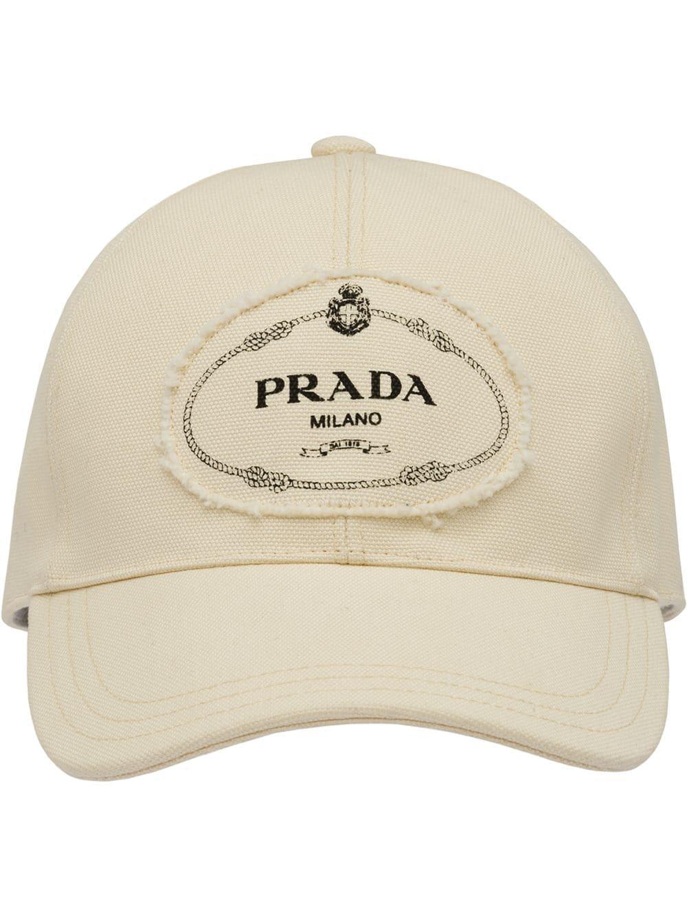 Prada Canvas Logo Print Applique Cotton Cap in White for Men - Lyst