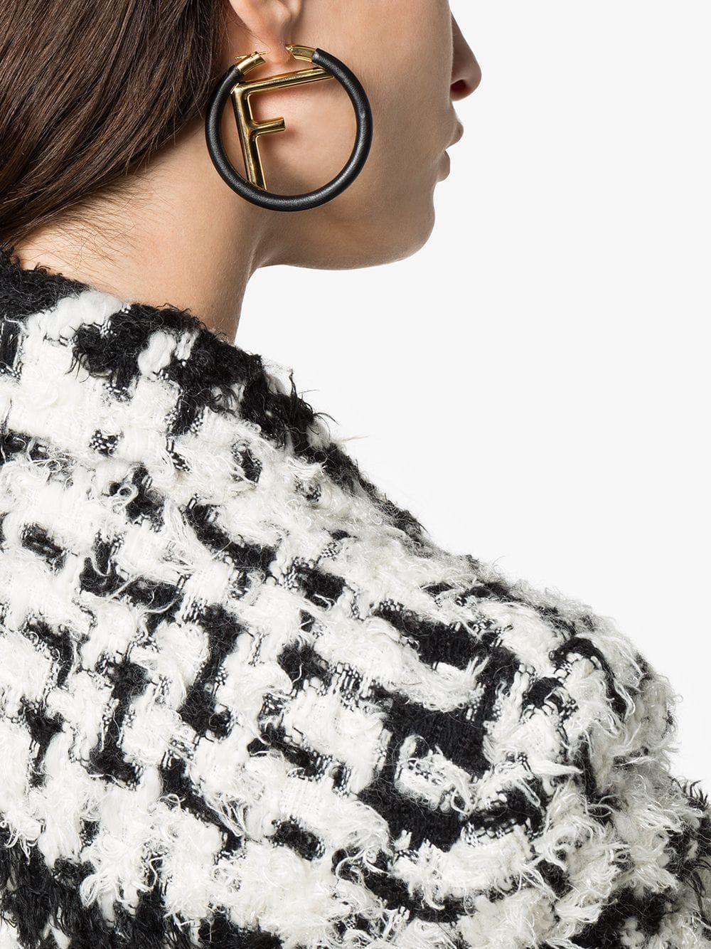 Fendi Leather Logo Hoop Earrings in Black - Lyst