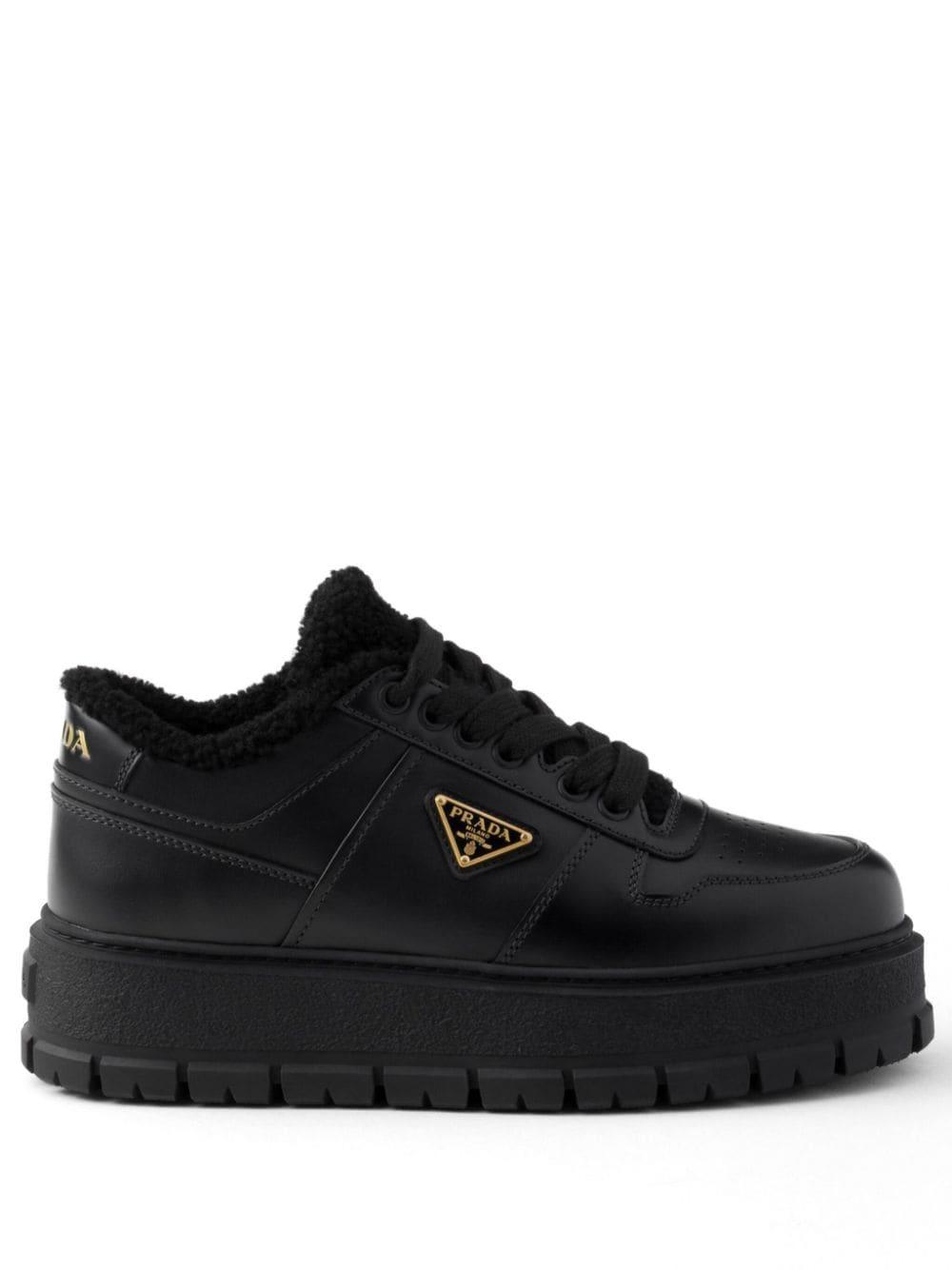 Prada Shearling-Lined Leather Platform Sneakers in Black | Lyst