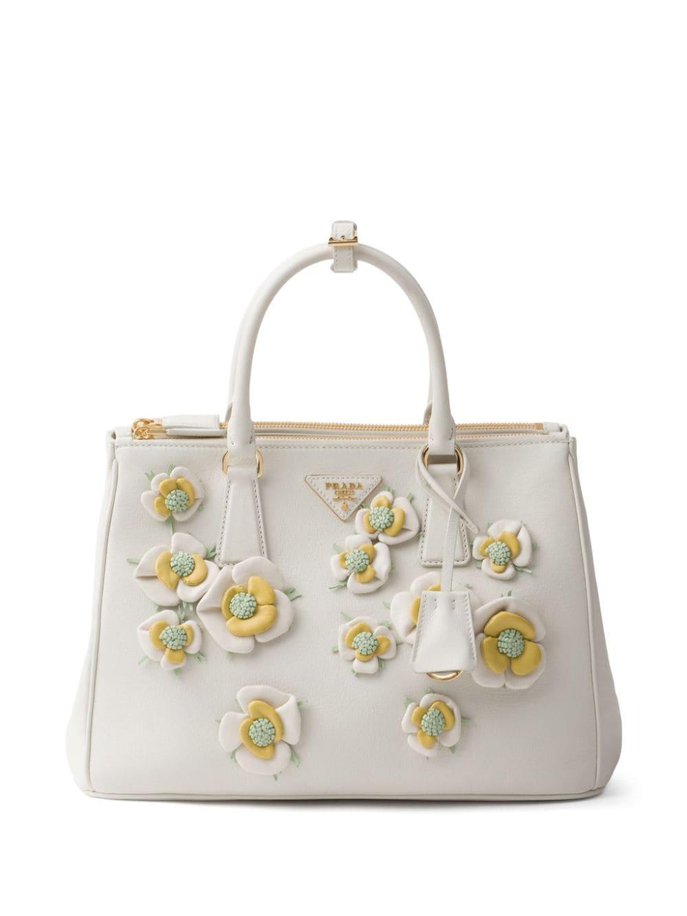 Prada Large Galleria Floral Appliqué Bag in White | Lyst