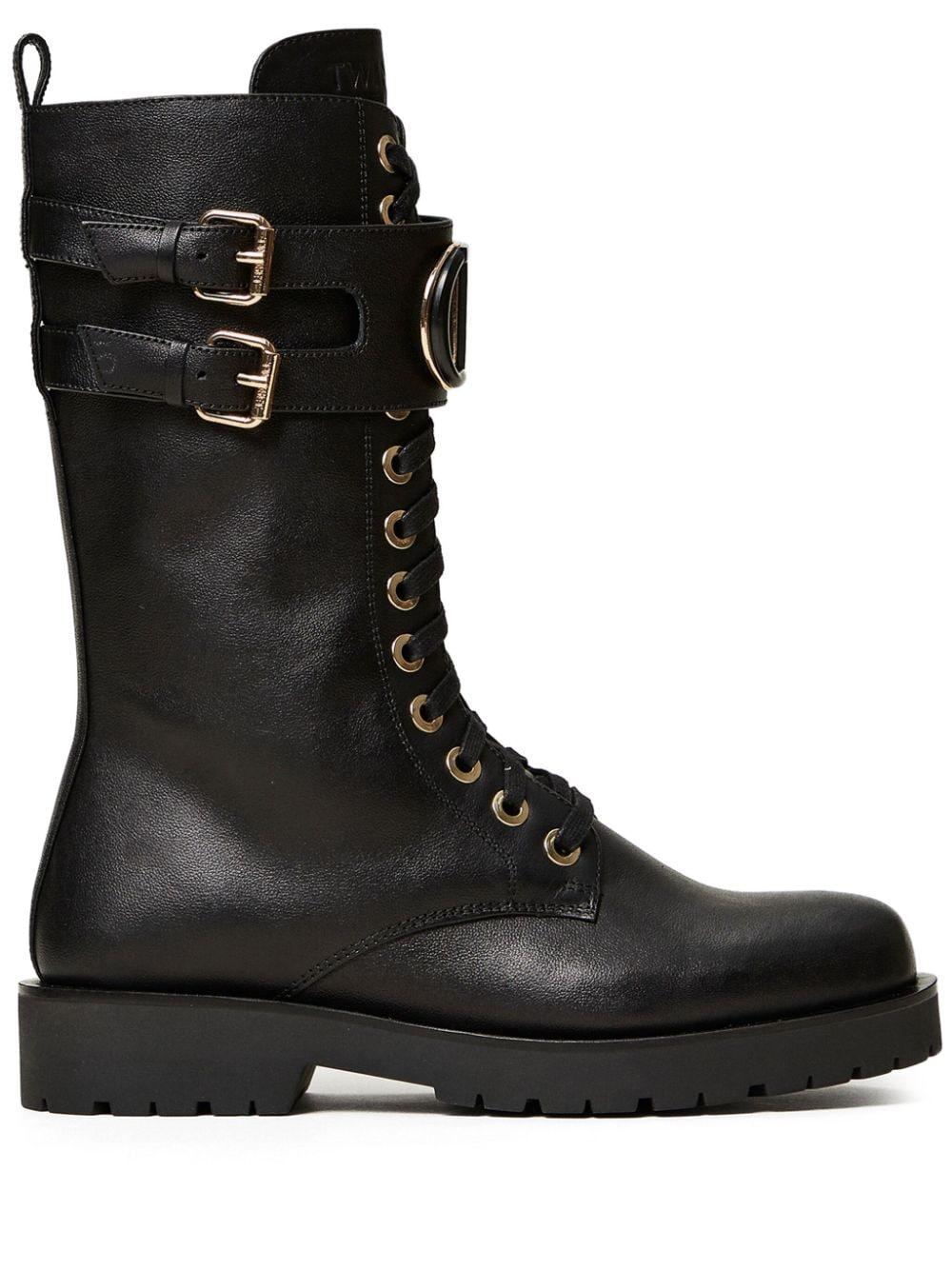 Twin Set Oval T Leather Combat Boots in Black | Lyst