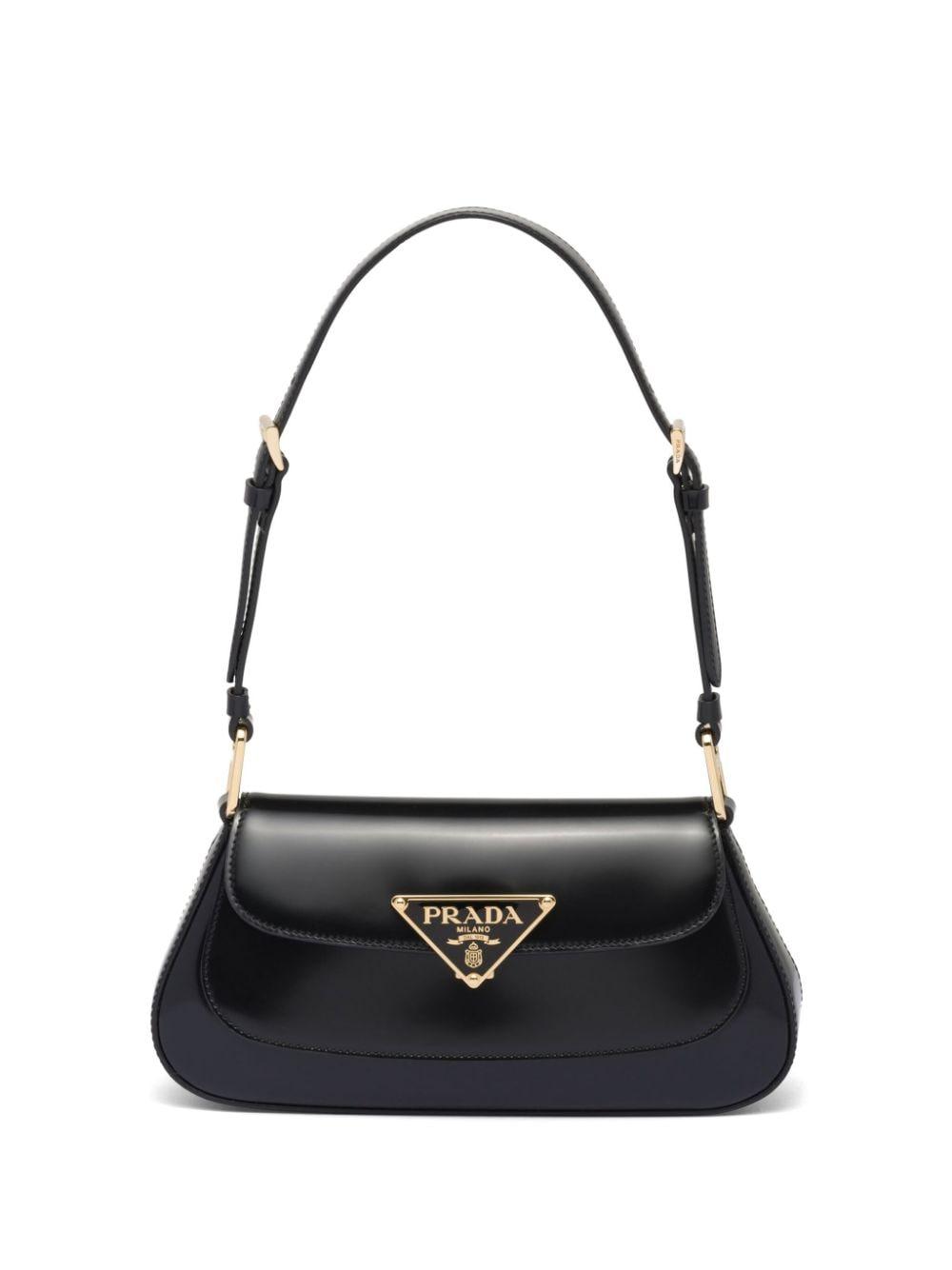 Prada Enamel Triangle-Logo Leather Shoulder Bag in Black | Lyst