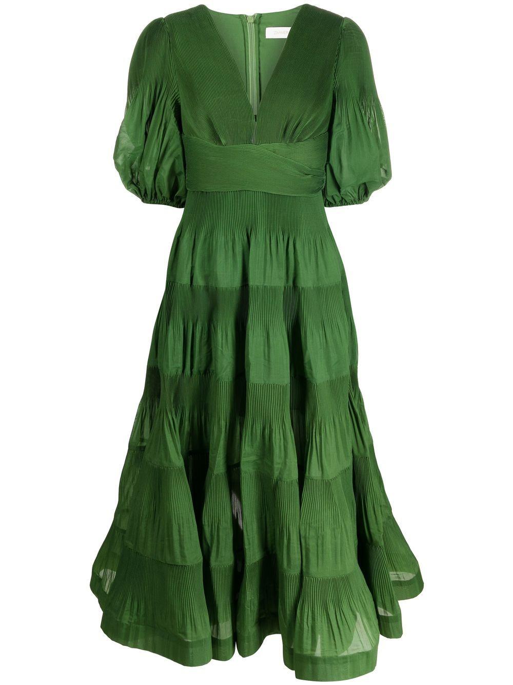 Zimmermann Pleated Tiered Twill Midi Dress in Green | Lyst