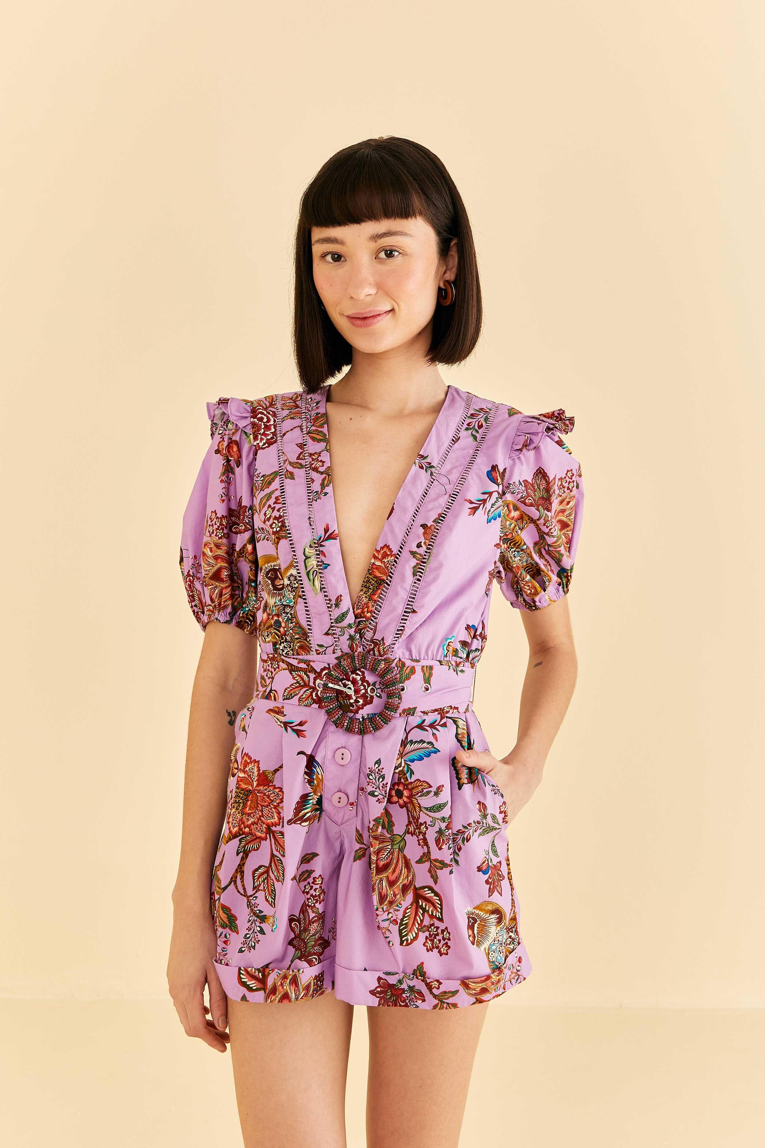 FARM Rio Lilac Floral Monkey Short Sleeve Romper in Pink | Lyst