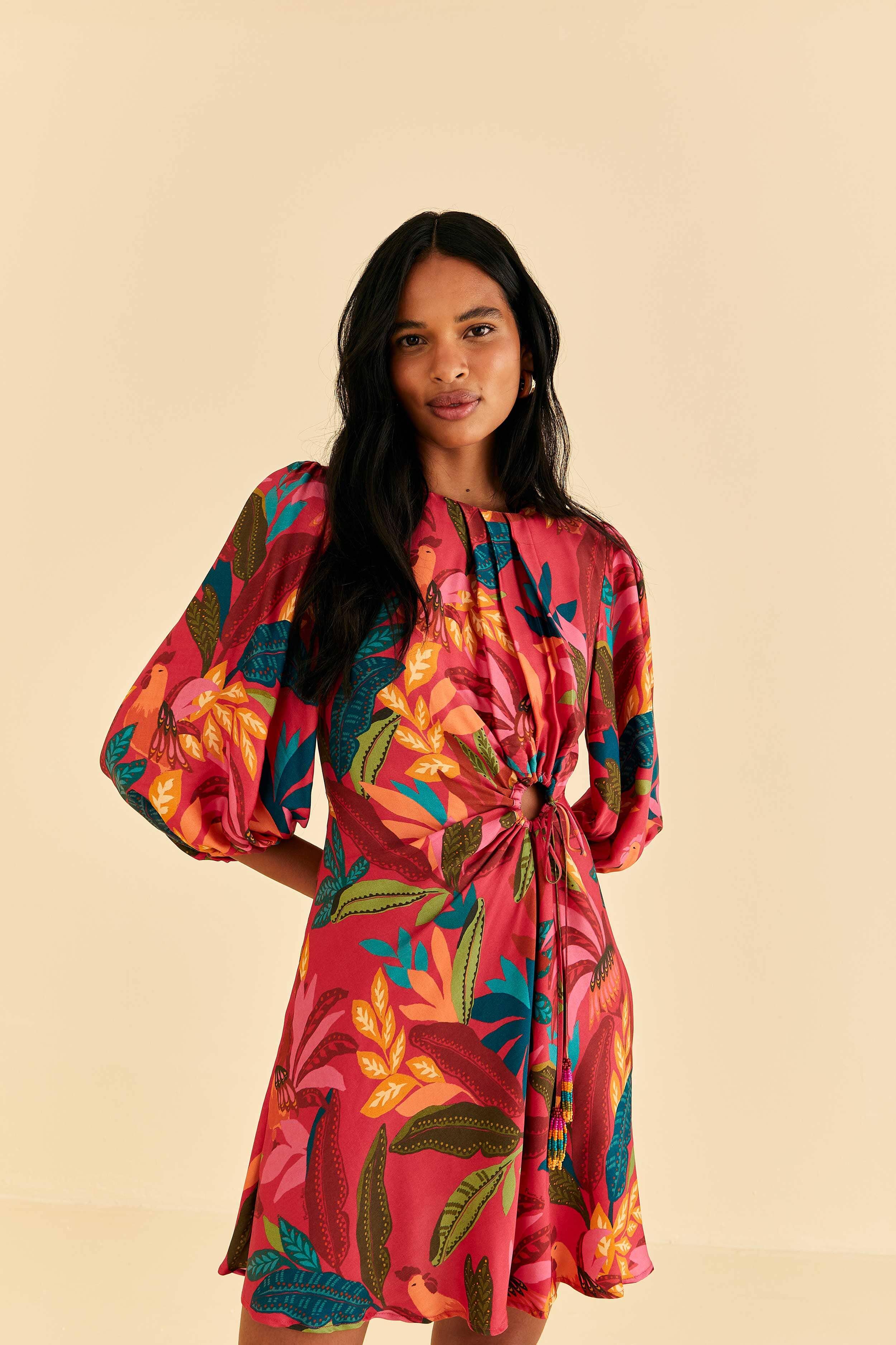 FARM Rio Red Rooster Leaves Long Sleeve Mini Dress | Lyst
