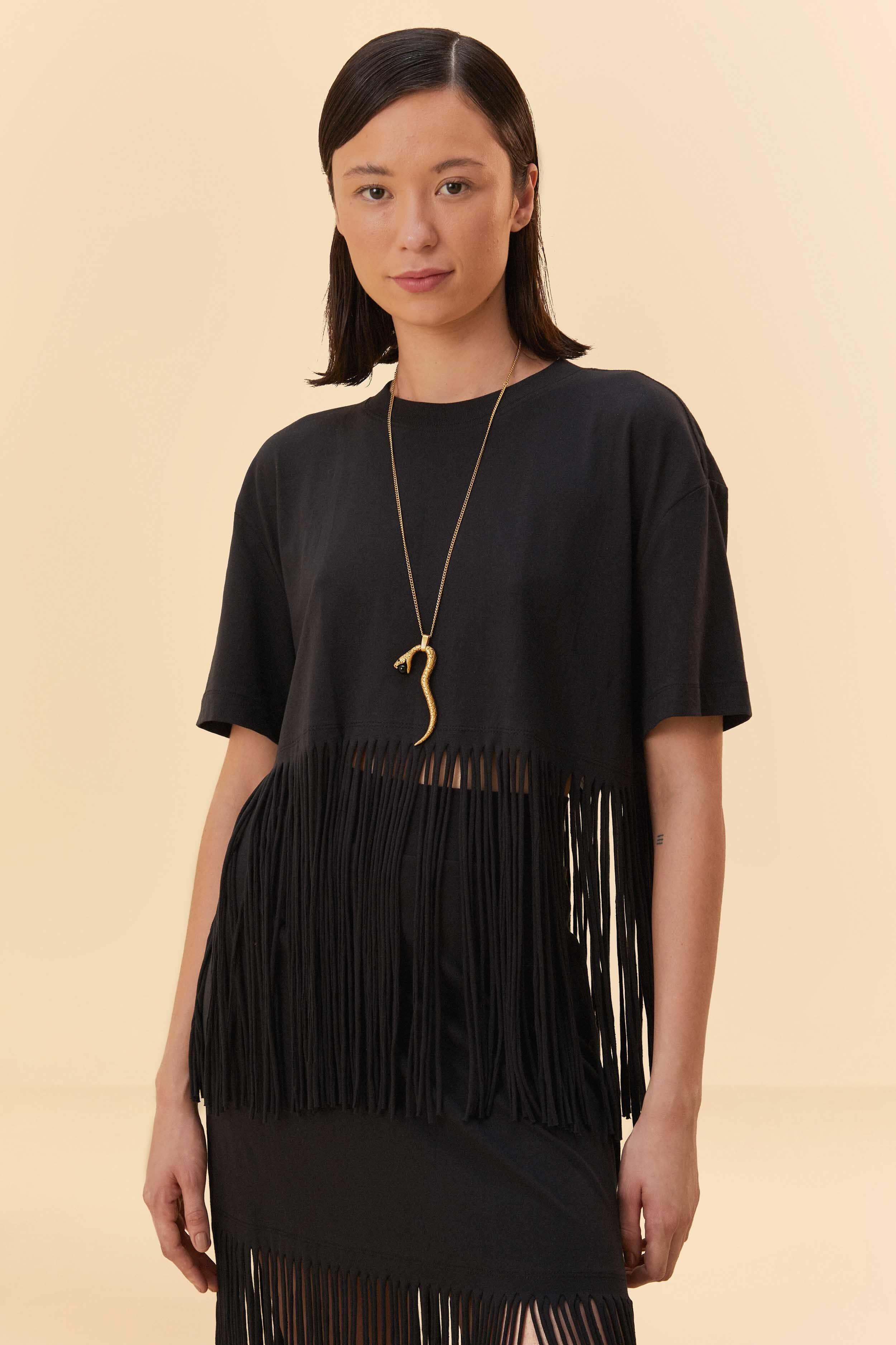 FARM Rio Relaxed Organic Cotton Fringe T-shirt in Black | Lyst