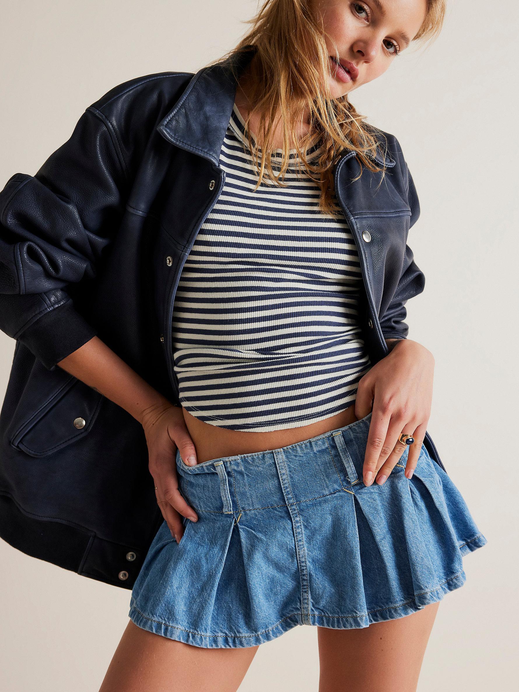 Free People Pleated Micro Mini Denim Skort in Blue | Lyst