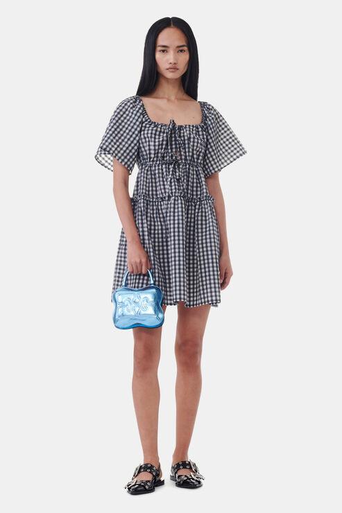 Ganni Seersucker Check Mini Layer Dress in Blue | Lyst