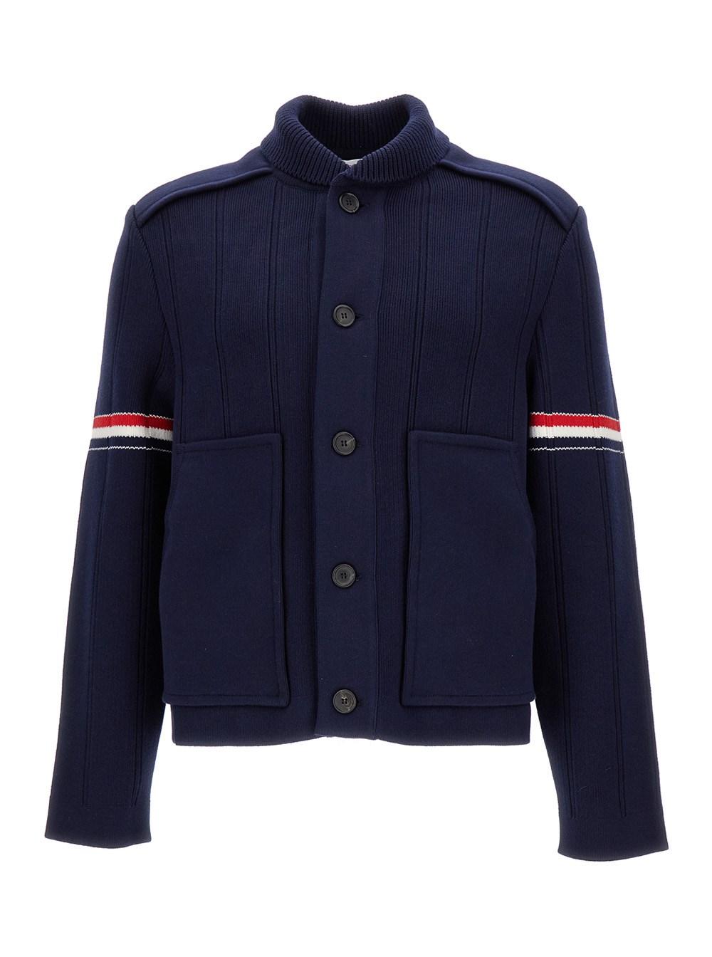 Thom Browne Dark Knitted Jacket With Tricolor Details in Blue for Men ...